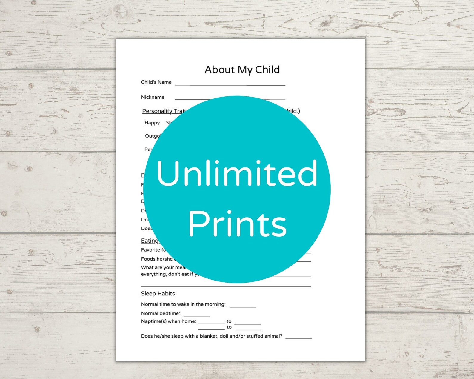 About My Child Form/ Child Information/ Child Info Sheet/ Childcare ...