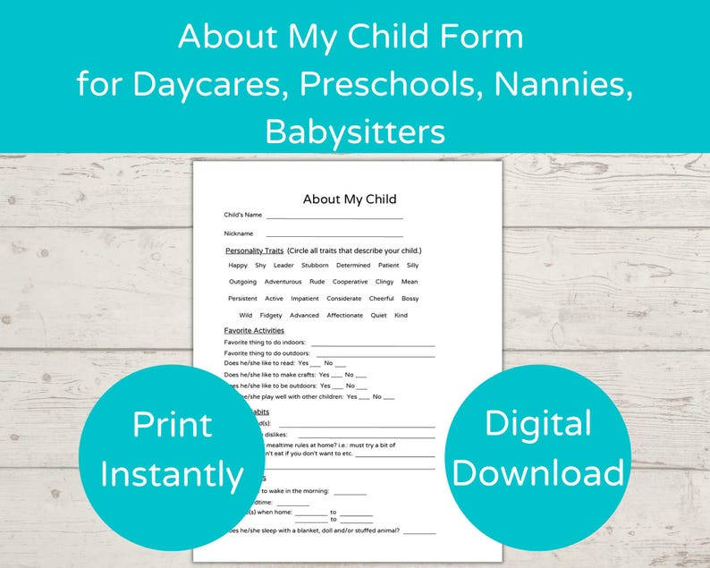 About My Child Form/ Child Information/ Child Info Sheet/ Childcare ...