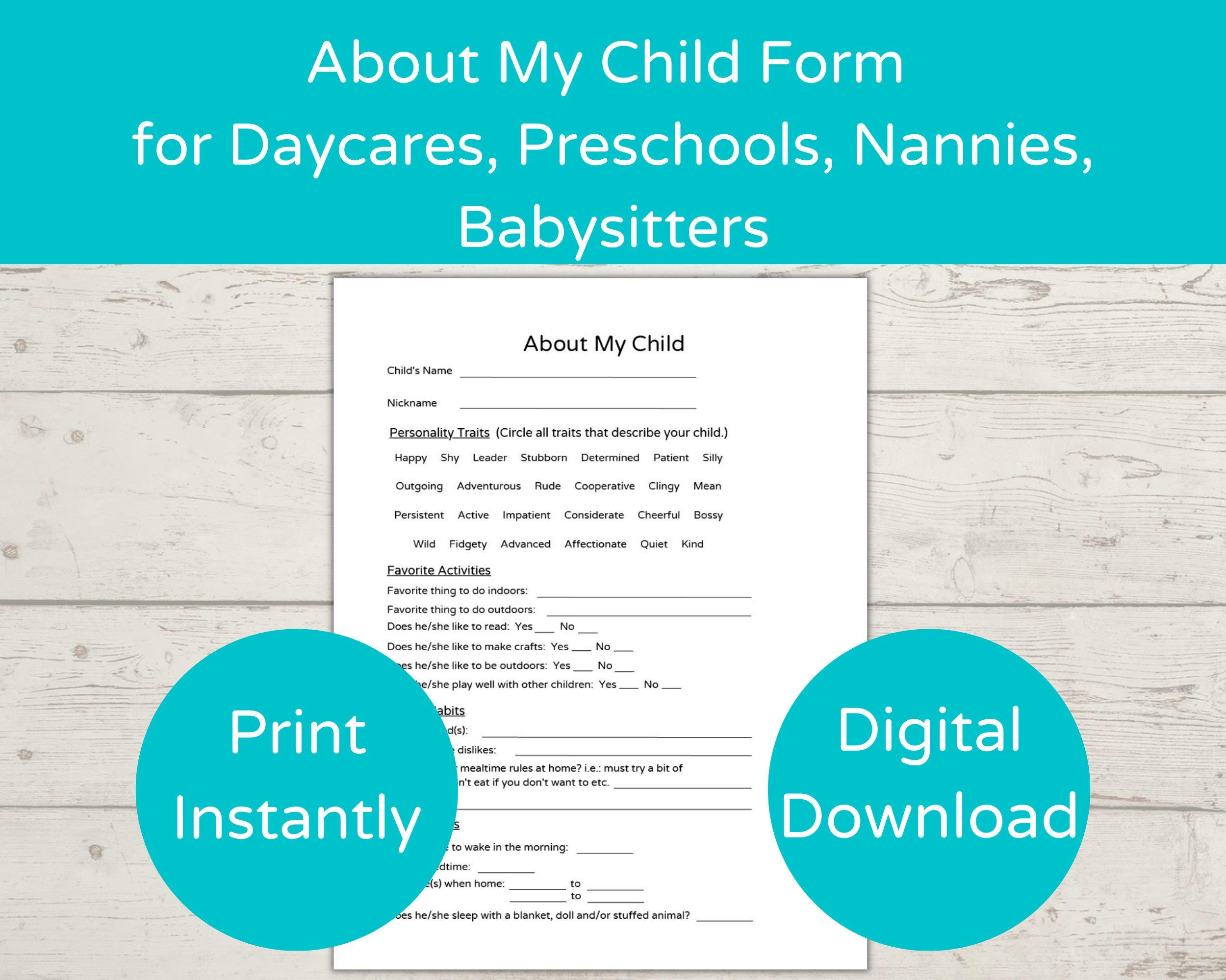 About My Child Form/ Child Information/ Child Info Sheet/ Childcare ...