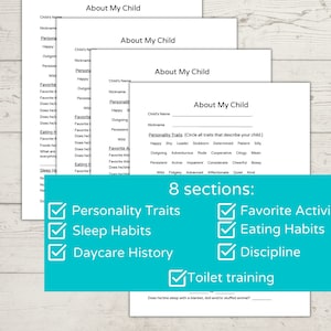 About My Child Form/ Child Information/ Child Info Sheet/ Childcare ...