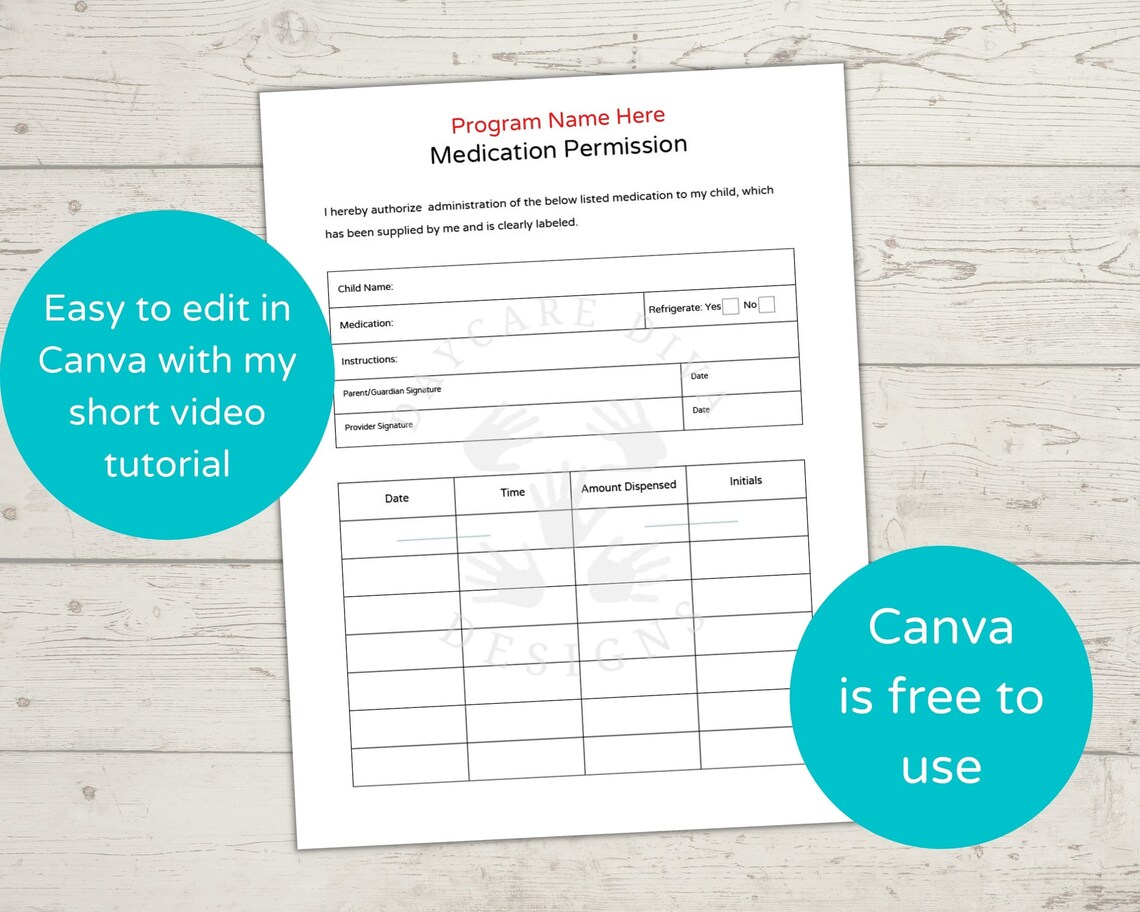 Editable Medication Permission Form/ Daycare Medication Form/ Childcare ...