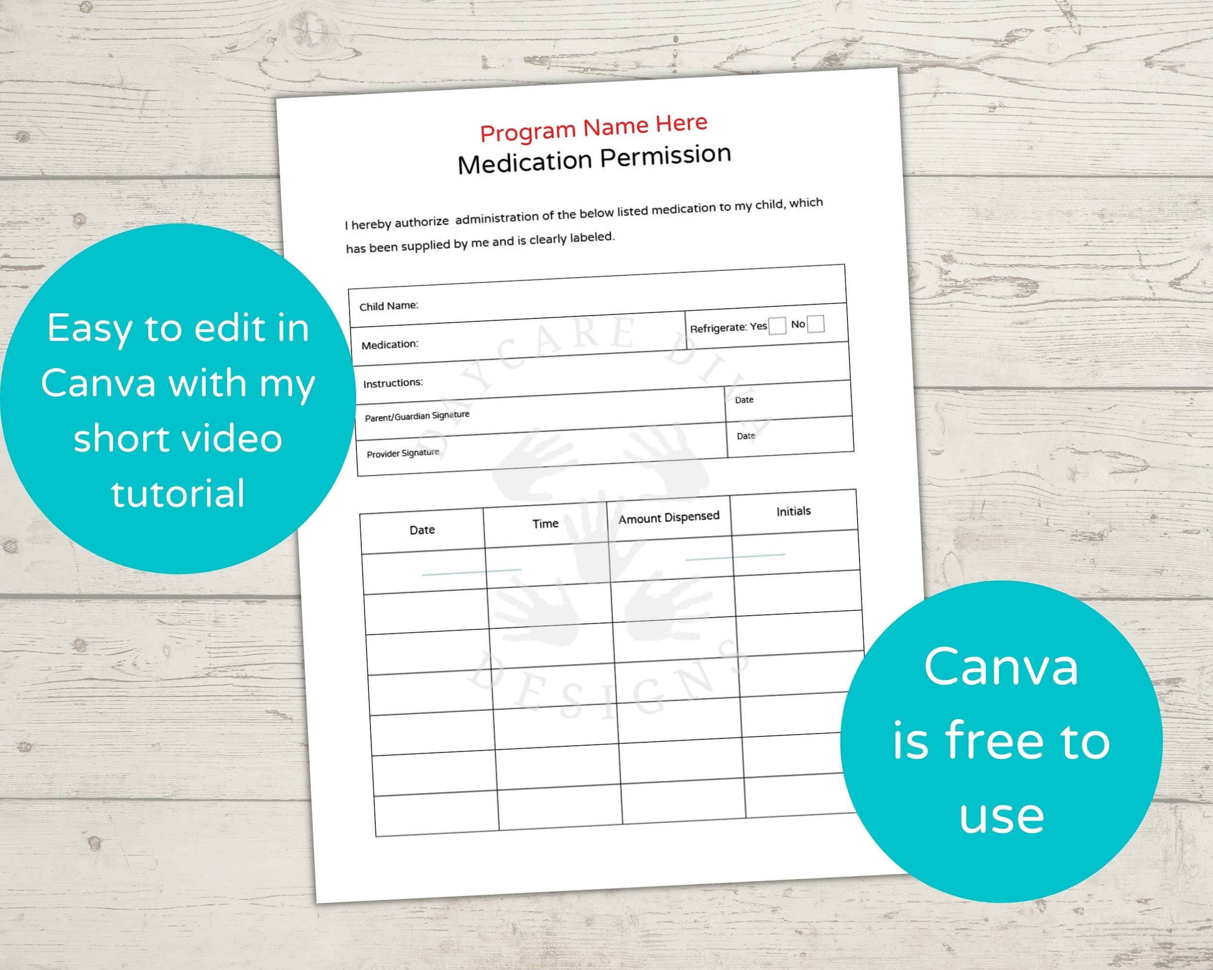 Editable Medication Permission Form/ Daycare Medication Form/ Childcare ...