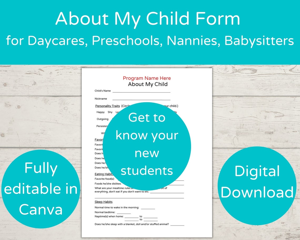 Editable About My Child Form/ Child Information/ Child Info Sheet ...