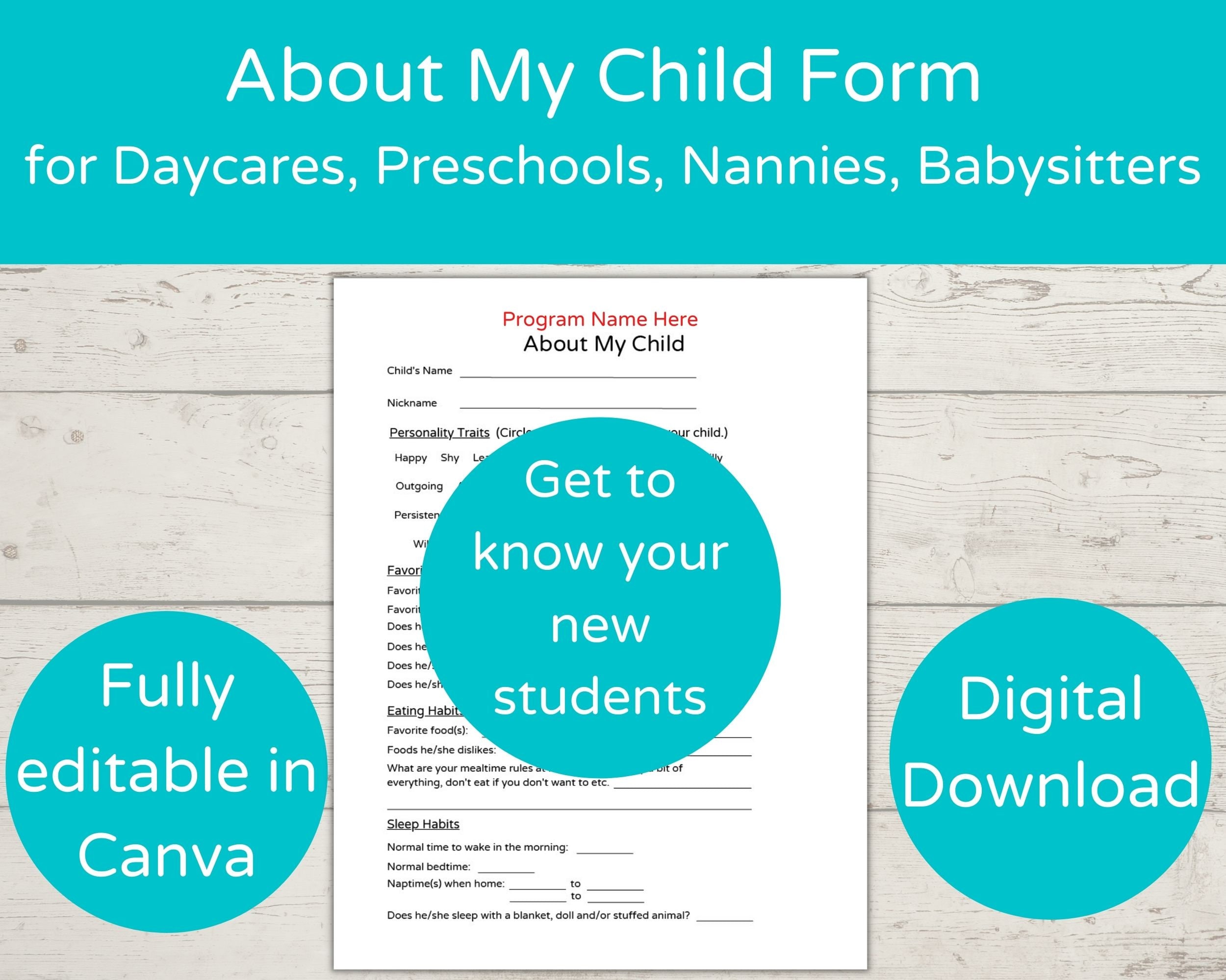 Editable About My Child Form/ Child Information/ Child Info Sheet ...