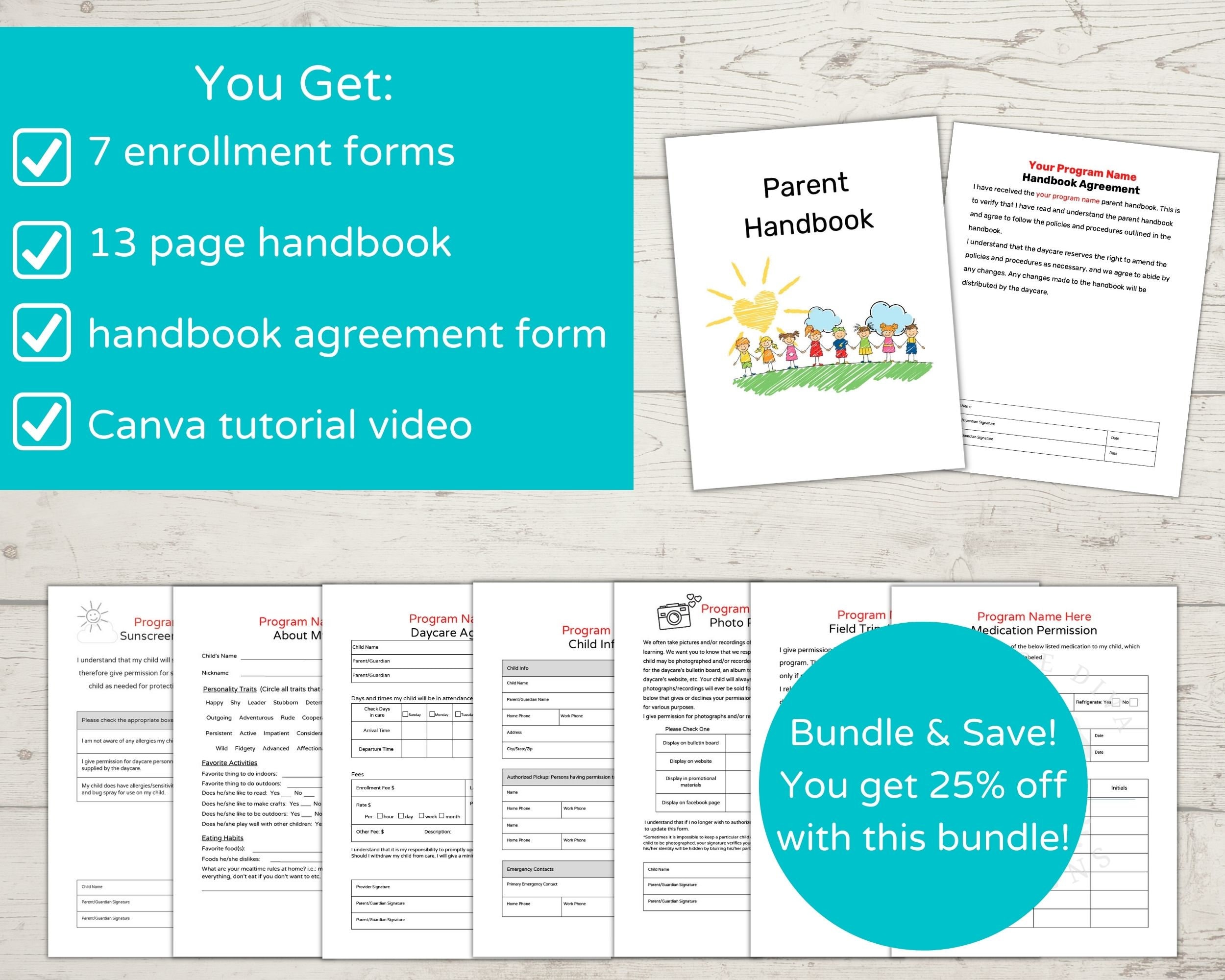 Daycare Enrollment Forms and Handbook Bundle/ Childcare Startup Packet ...