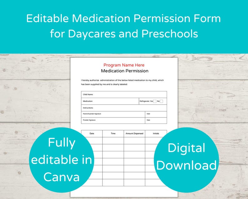 Editable Medication Permission Form/ Daycare Medication Form/ Childcare ...