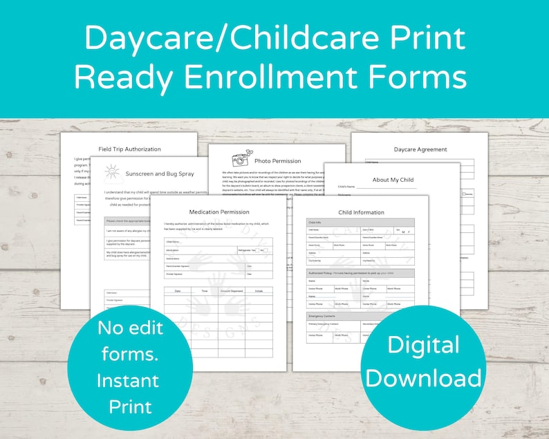 Ready to Print Daycare Enrollment Forms/ No Edit Childcare Enrollment ...