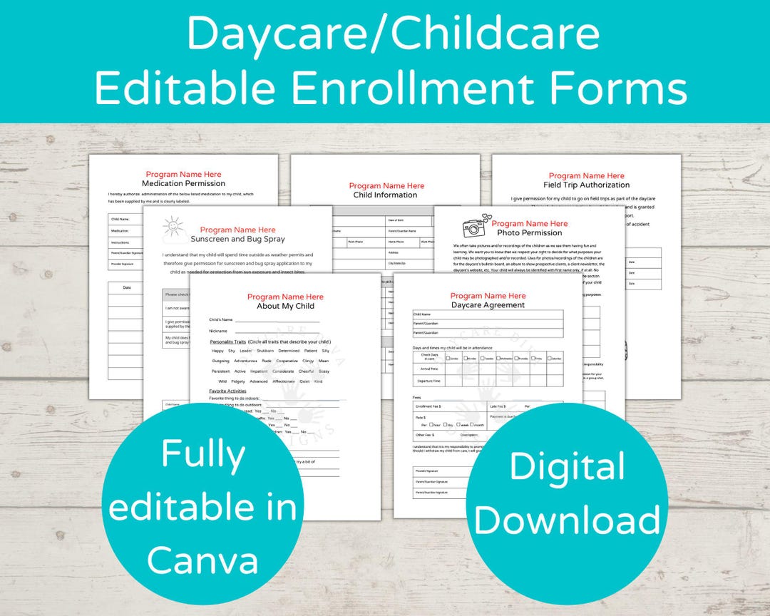 Daycare Enrollment Forms/ Fully Editable Forms/ Childcare Enrollment ...