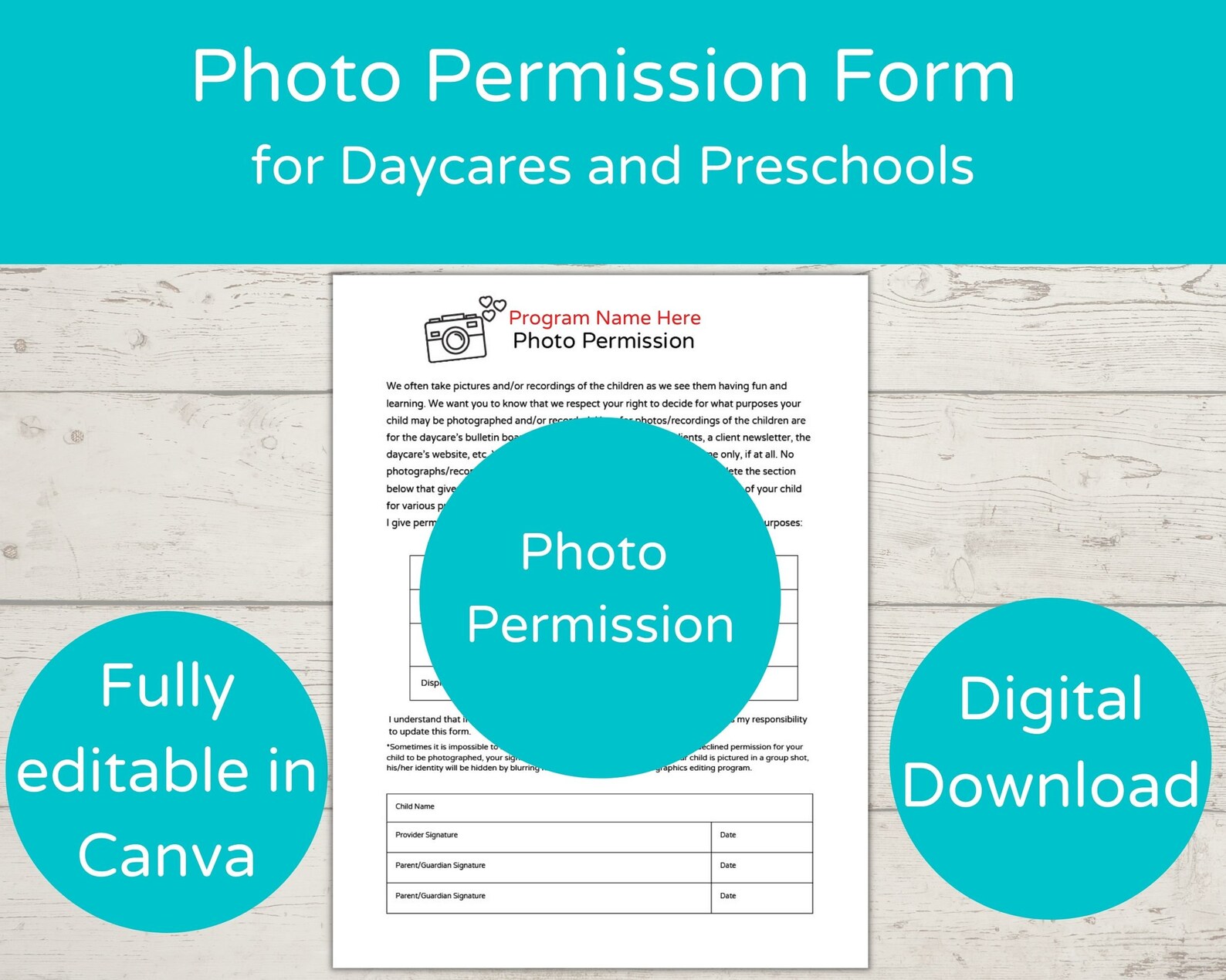 Editable Childcare Photo Release Form/ Photo Permission Form for ...