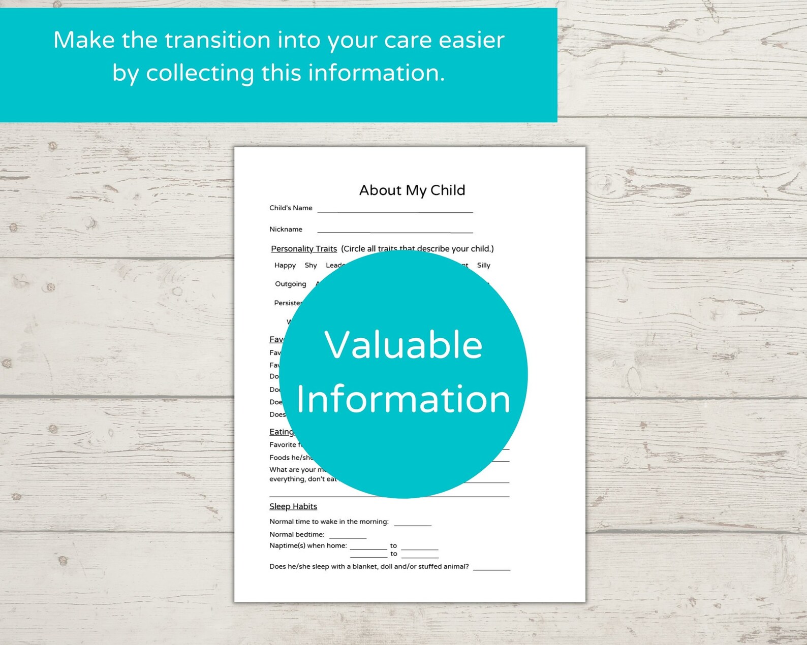About My Child Form/ Child Information/ Child Info Sheet/ Childcare ...