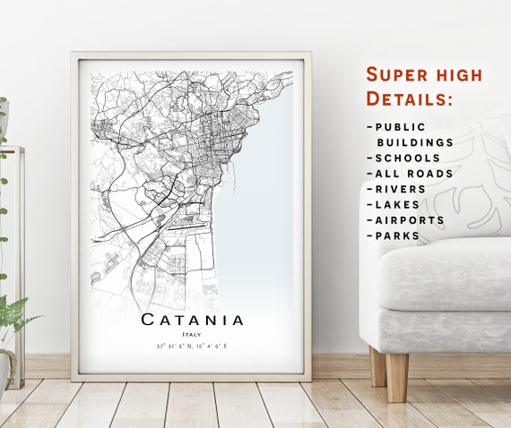 Catania mapa Italia Mapa de la ciudad con detalles altos - Etsy México