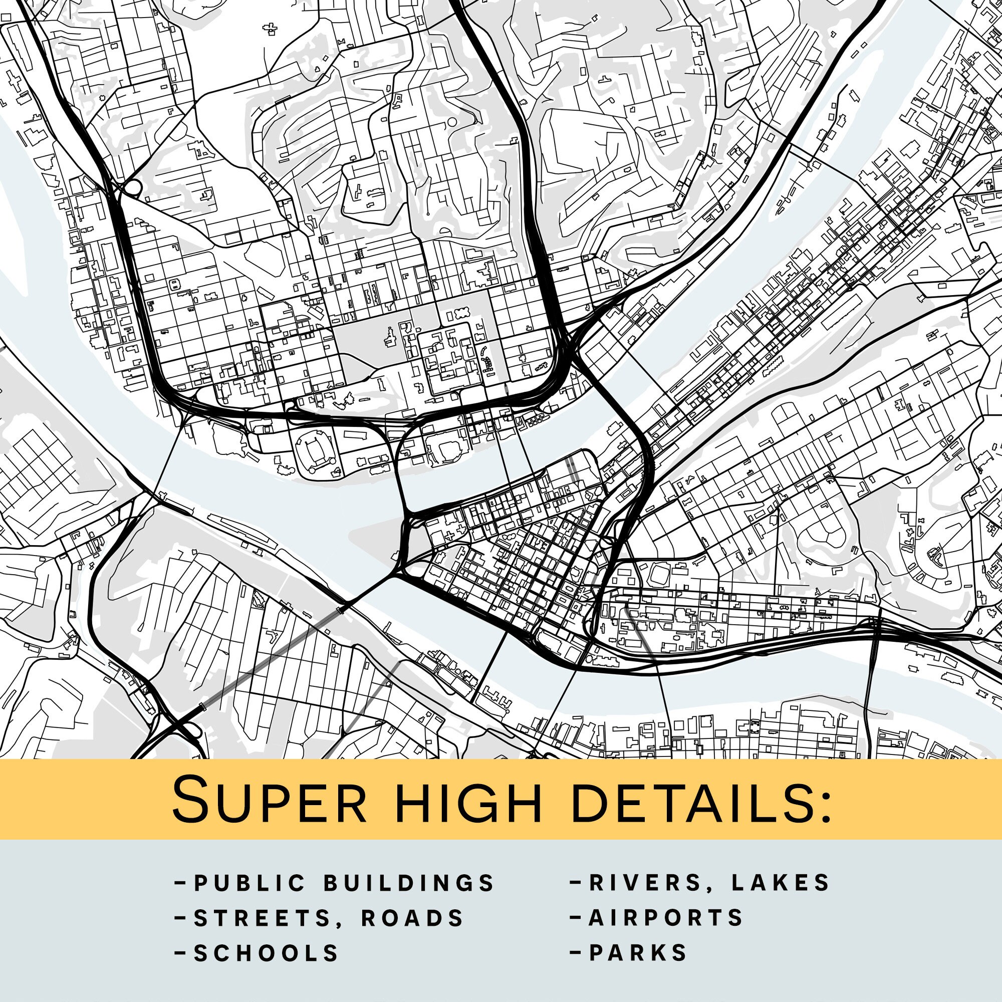 Pittsburgh Map, Pennsylvania, PA City Map With High Details Instant ...