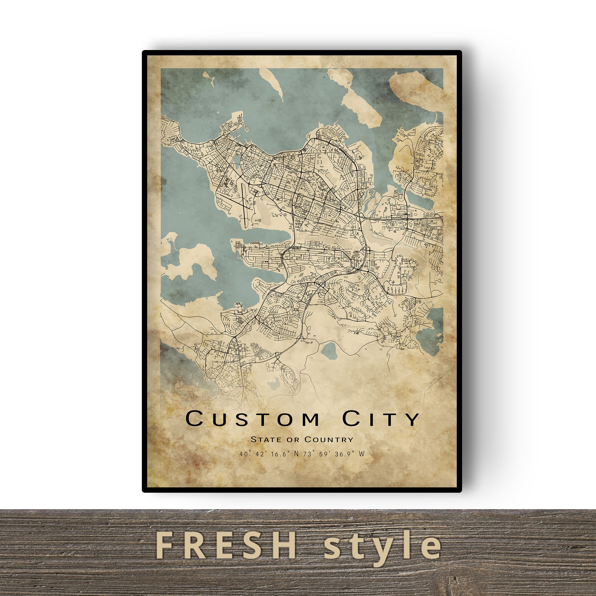 Custom Vintage Style City Map, Personalized Map, Custom Map Poster, Any ...
