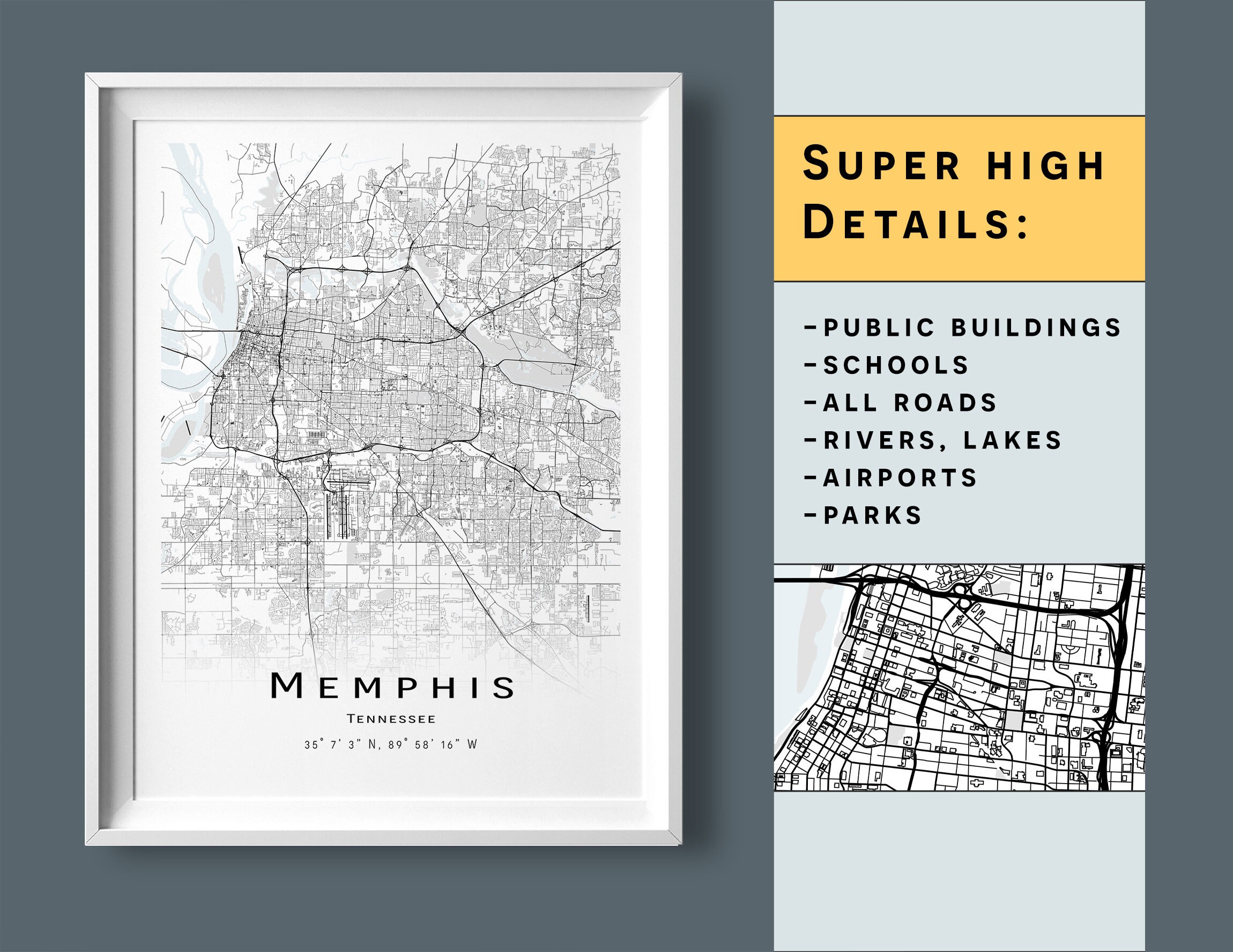 Memphis Map, Tennessee, TN City Map With High Details Instant Download ...