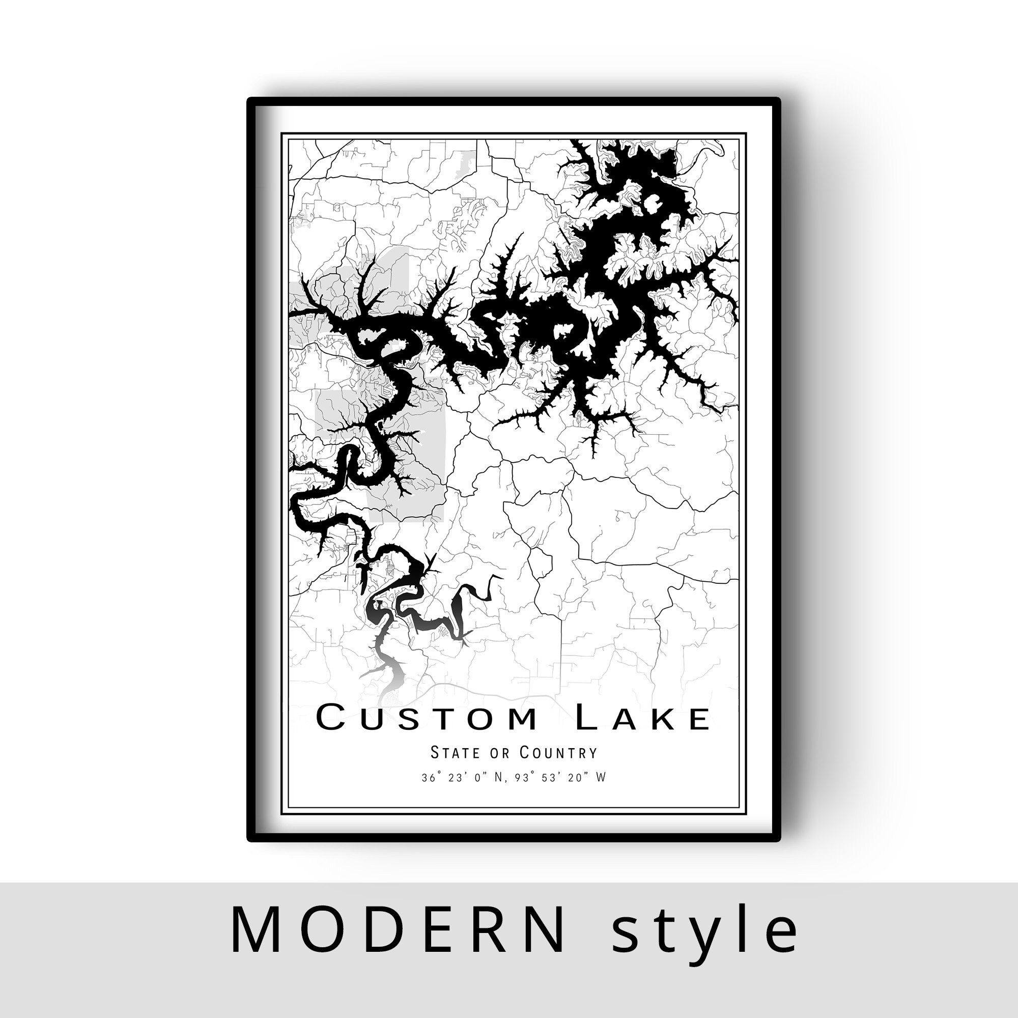Custom Lake, Black and White Lake, Custom Map Poster, Any Lake, Wall ...