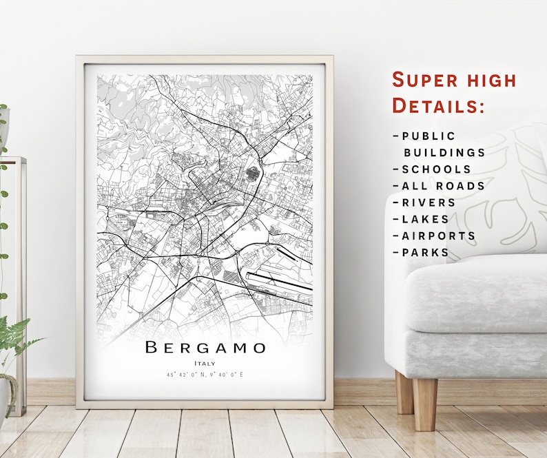 Bergamo Map Italy City Map With High Details Printable Map Poster ...