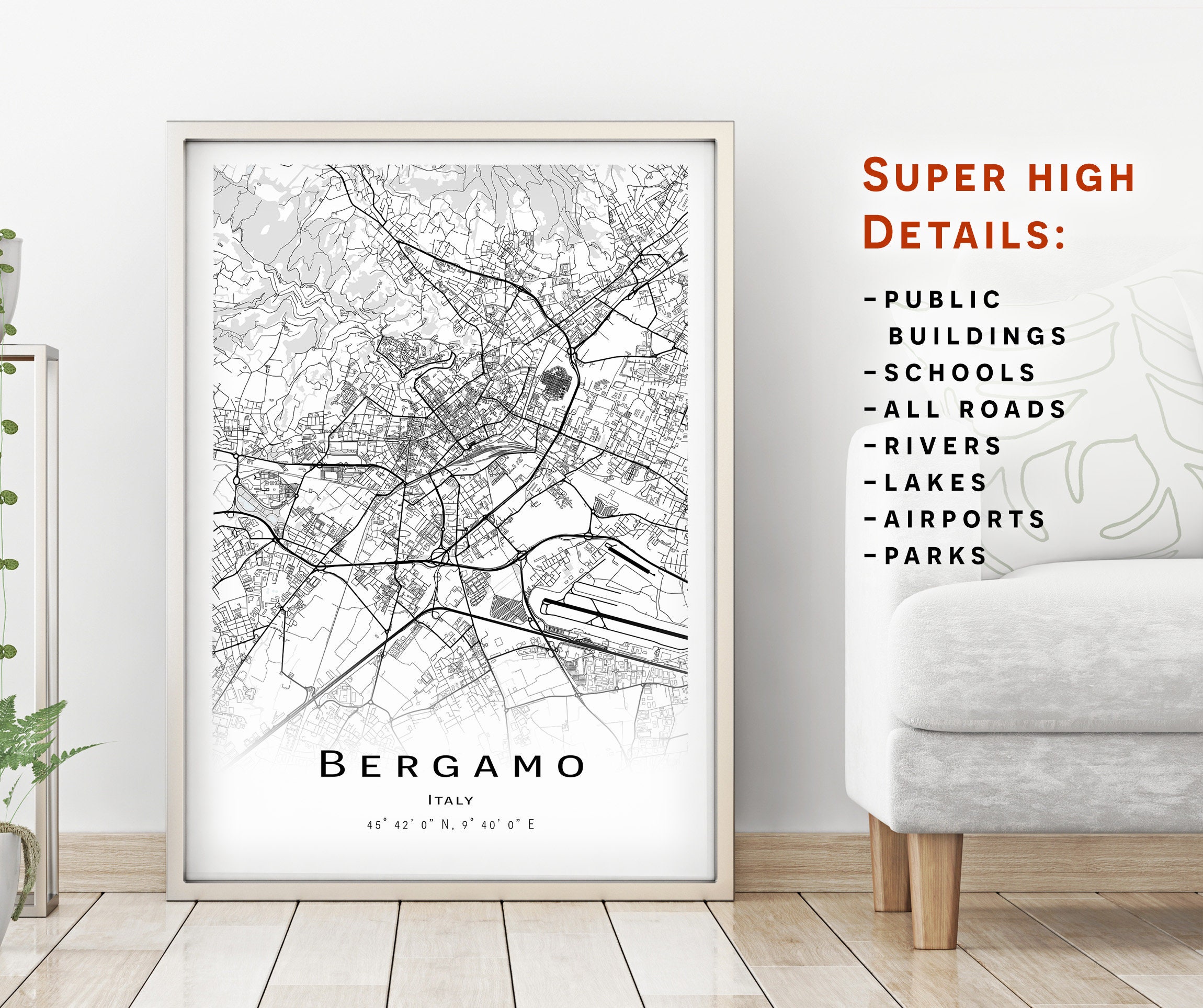 Bergamo Map Italy City Map With High Details Printable Map Poster ...