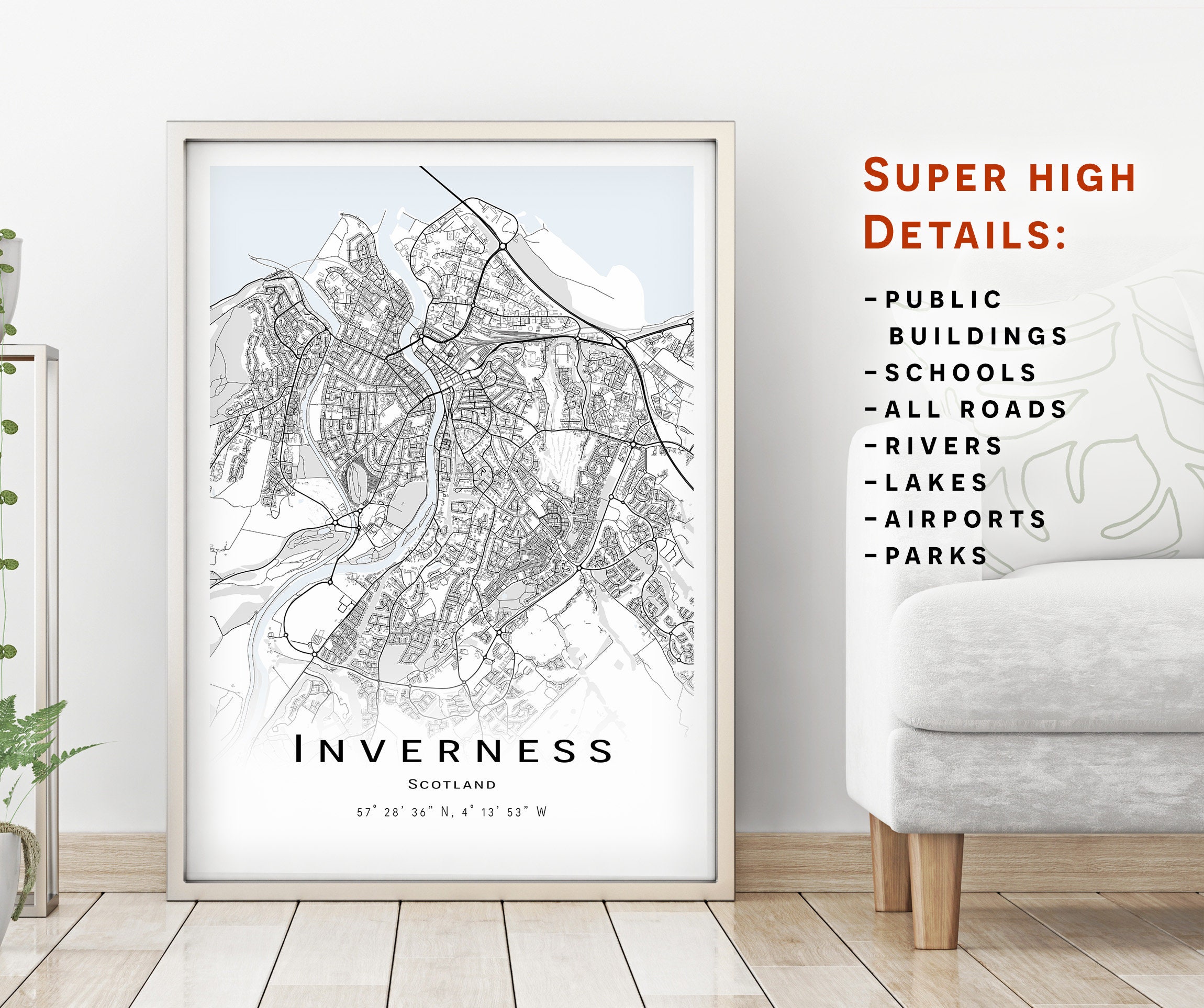 Inverness Map Scotland UK City Map With High Details - Etsy