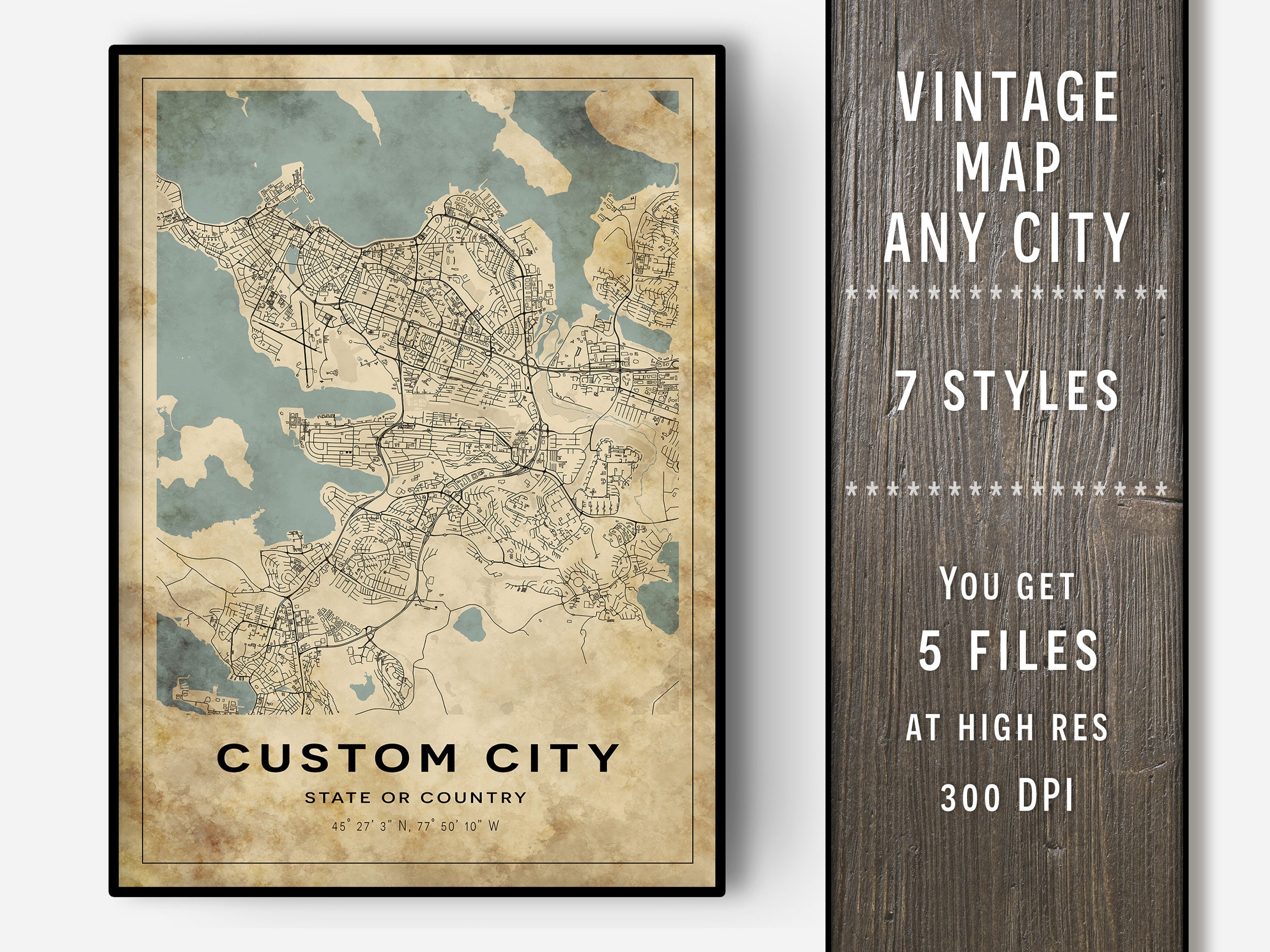 Custom Vintage Style City Map, Personalized Map, Custom Map Poster, Any ...