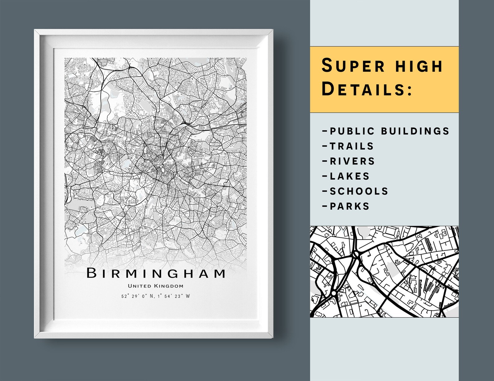 Birmingham Map United Kingdom City Map With High Details - Etsy