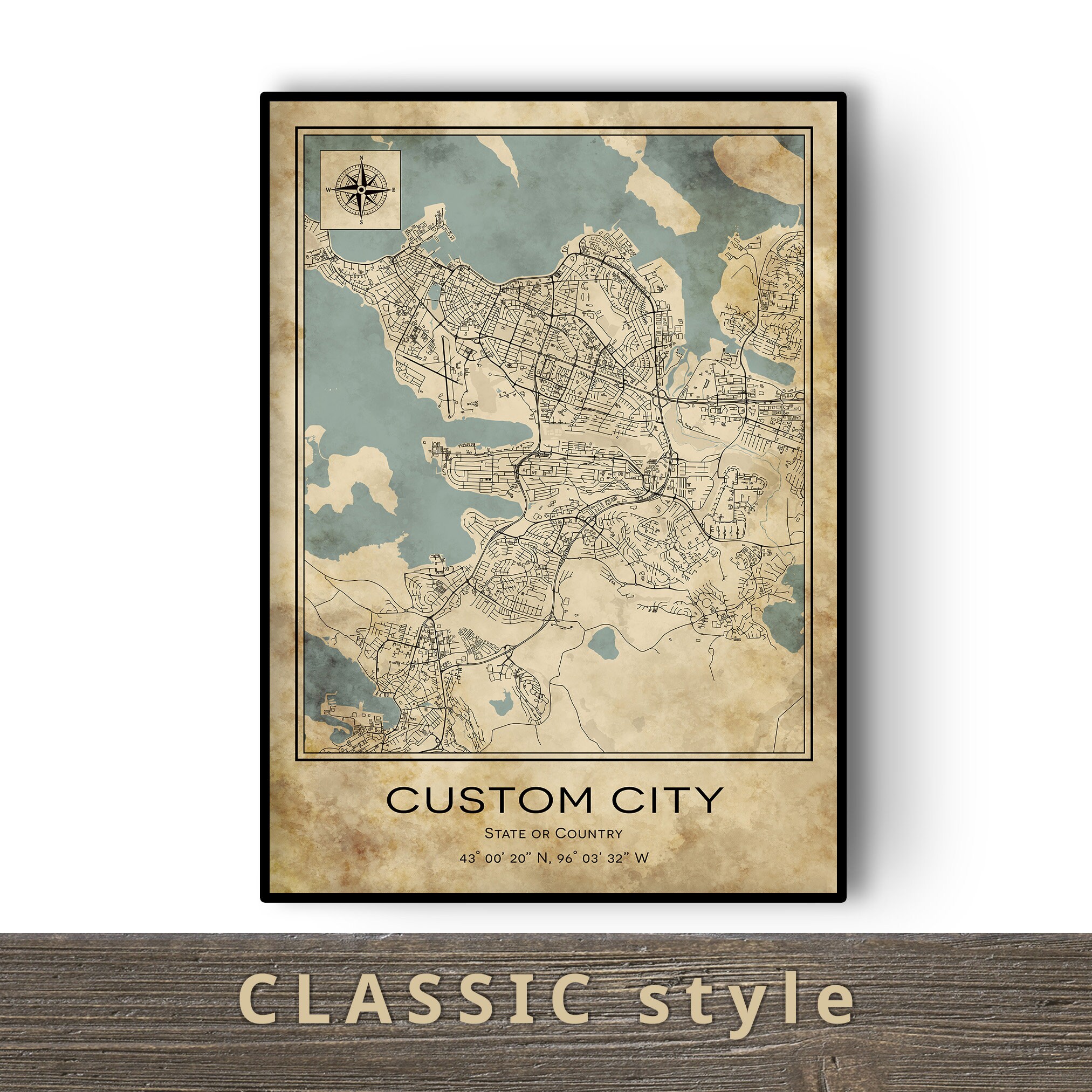 Custom Vintage Style City Map, Personalized Map, Custom Map Poster, Any ...