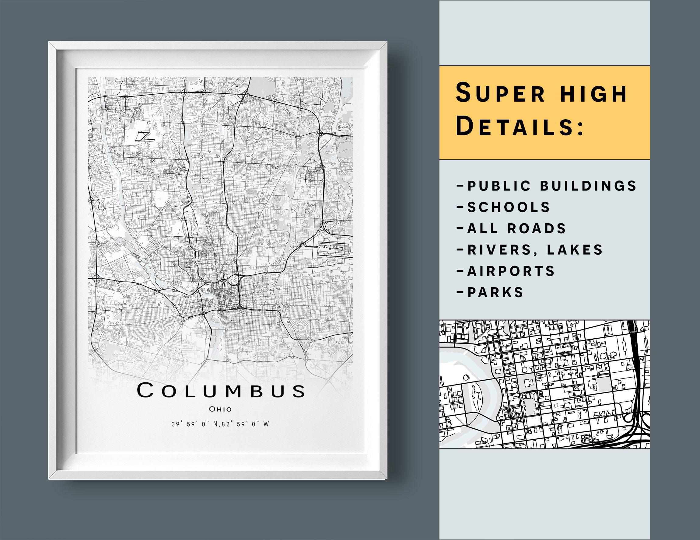 Columbus Map, Ohio, OH - City Map With High Details - Instant Download ...
