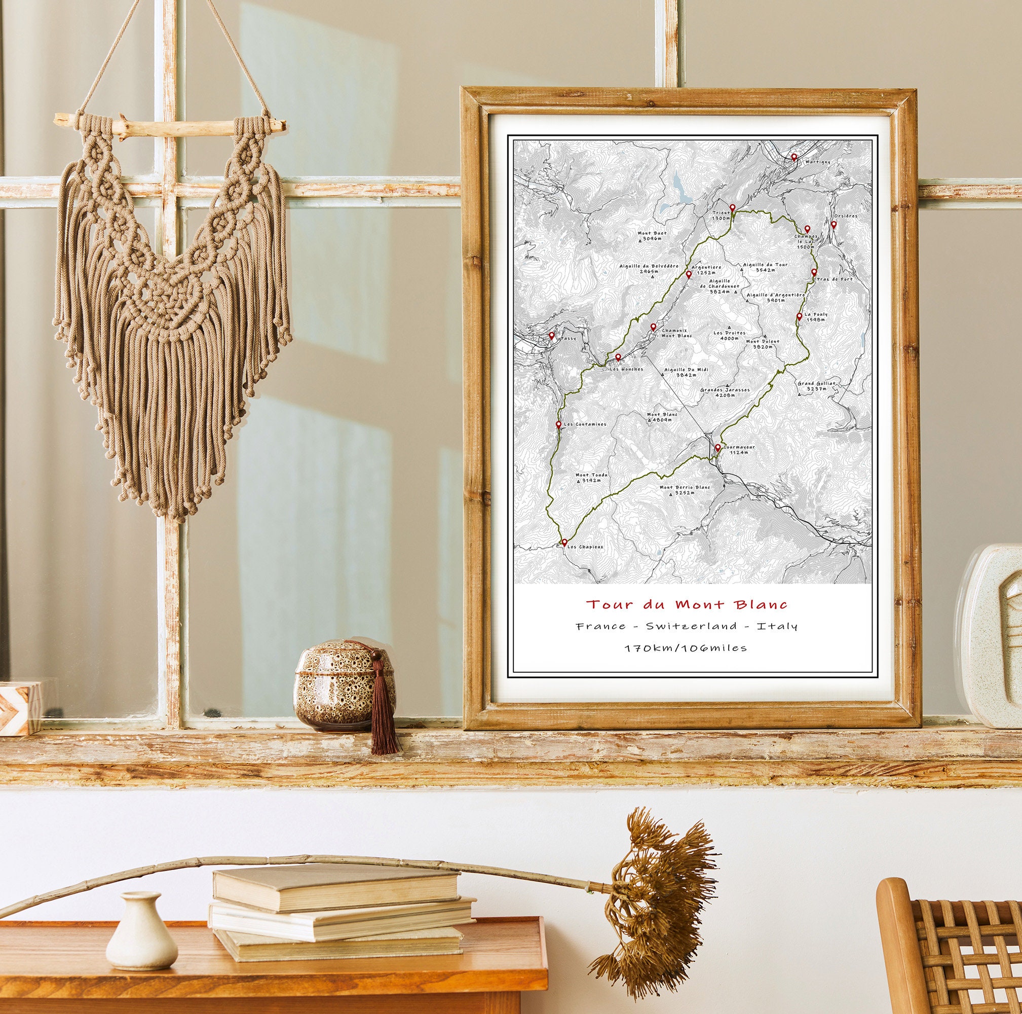 Tour Du Mont Blanc Topographic Map, TMB Hiking Map, Mount Blanc Wall ...