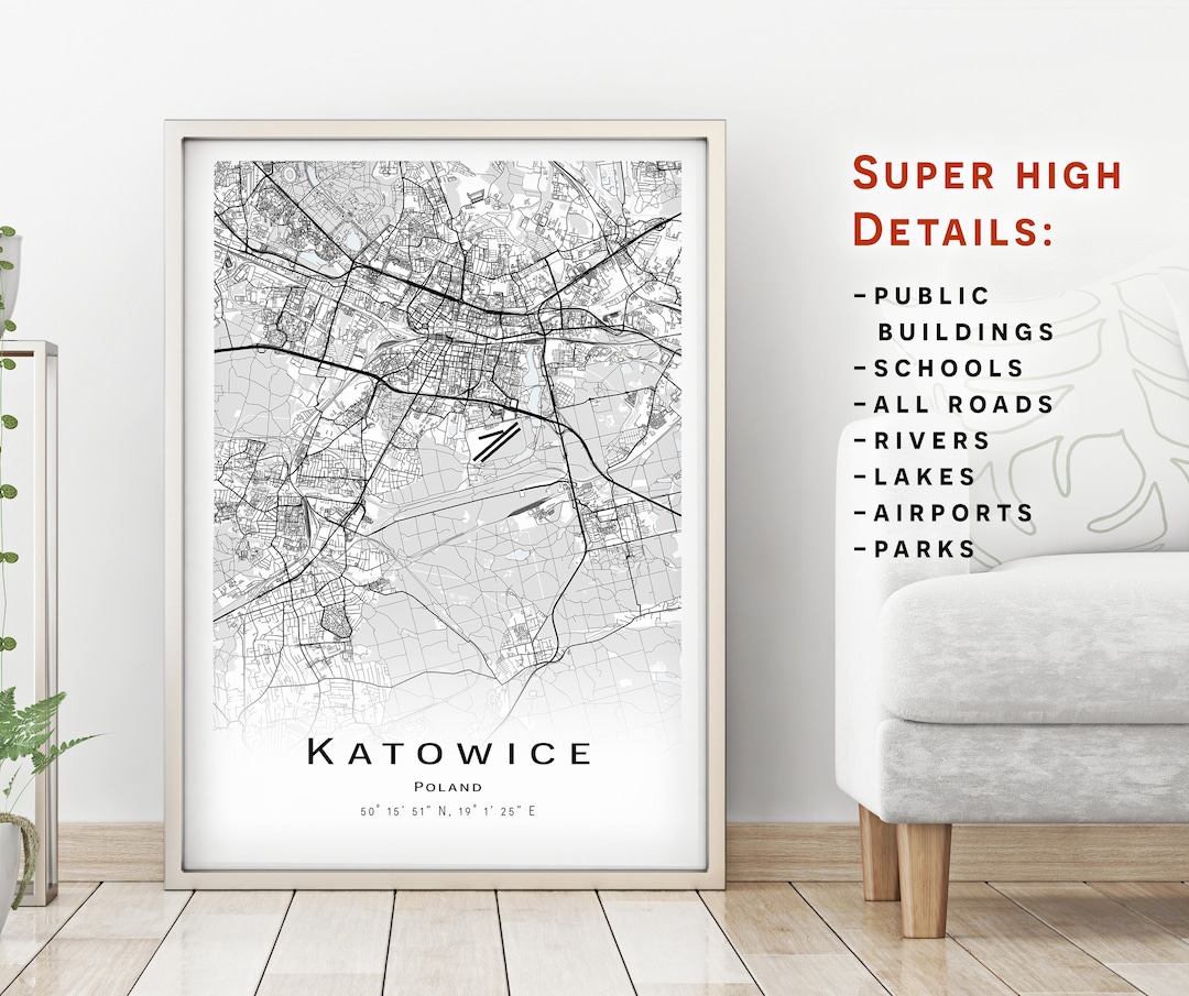 Katowice Map Poland City Map With High Details Printable Map Poster Digital Download Map ...