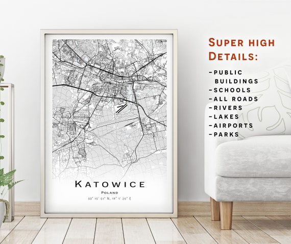 Katowice Map Poland City Map With High Details Printable - Etsy