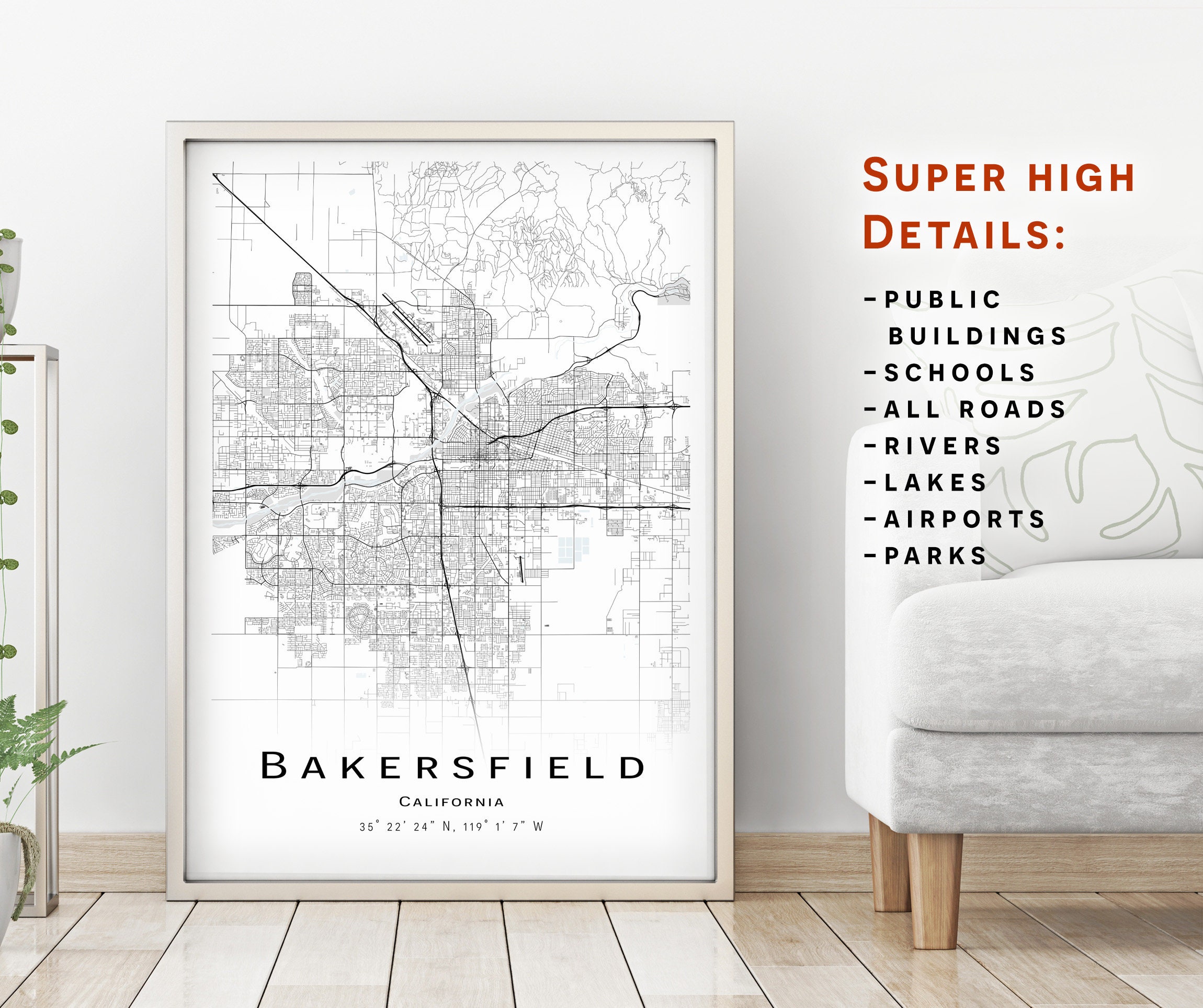 Bakersfield Karte, Kalifornien, Usa USA Stadtplan mit hohen Details sofortiger Download ...