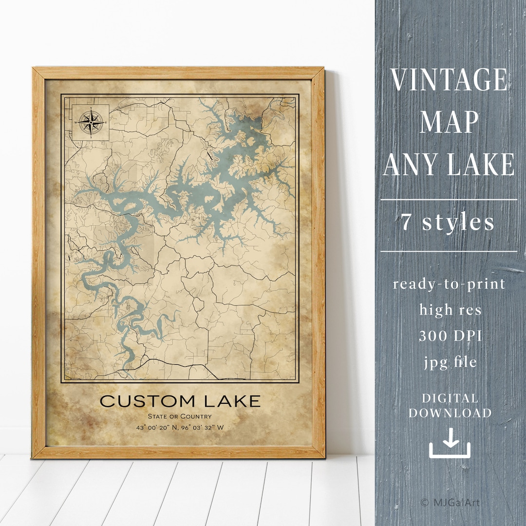 Custom Vintage Style Lake Map, Personalized Map, Custom Map Poster, Any ...