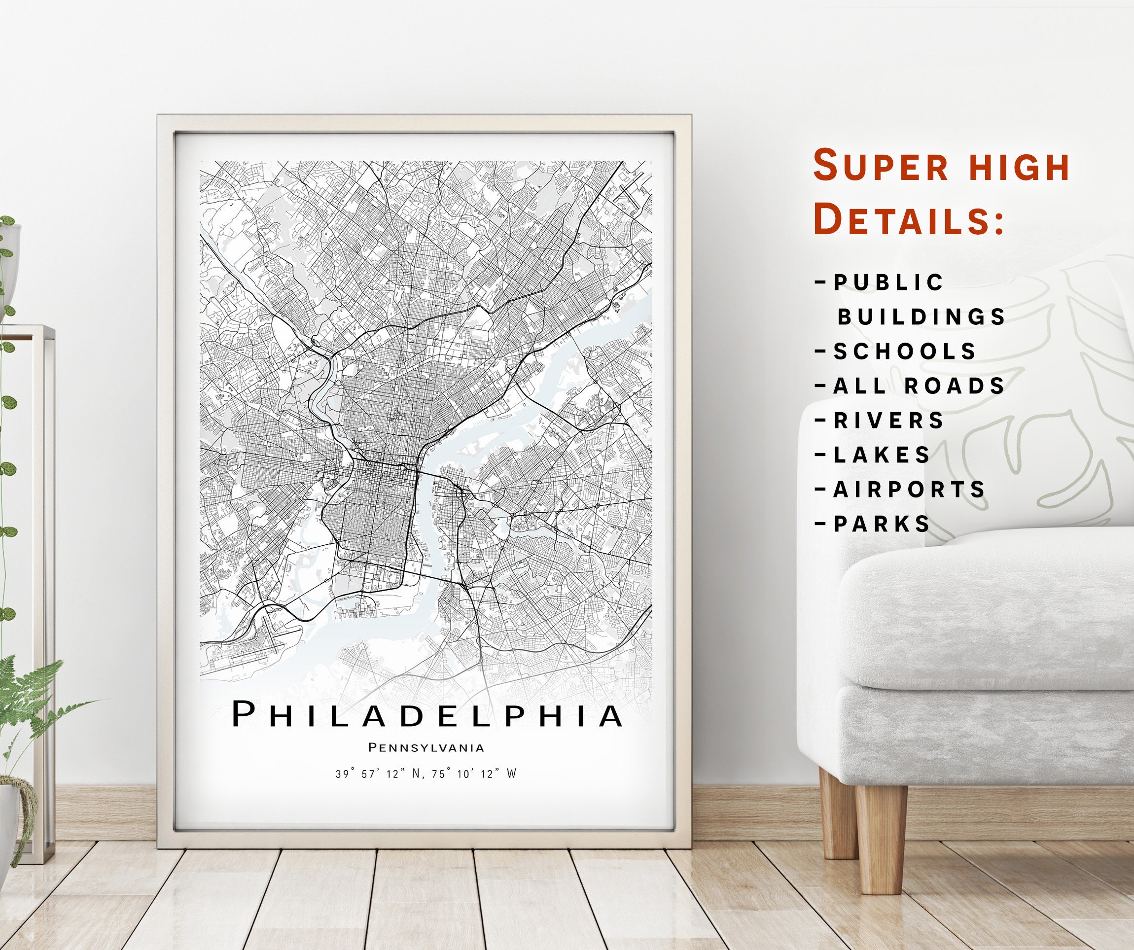 Philadelphia Map, Pennsylvania City Map With High Details Instant ...