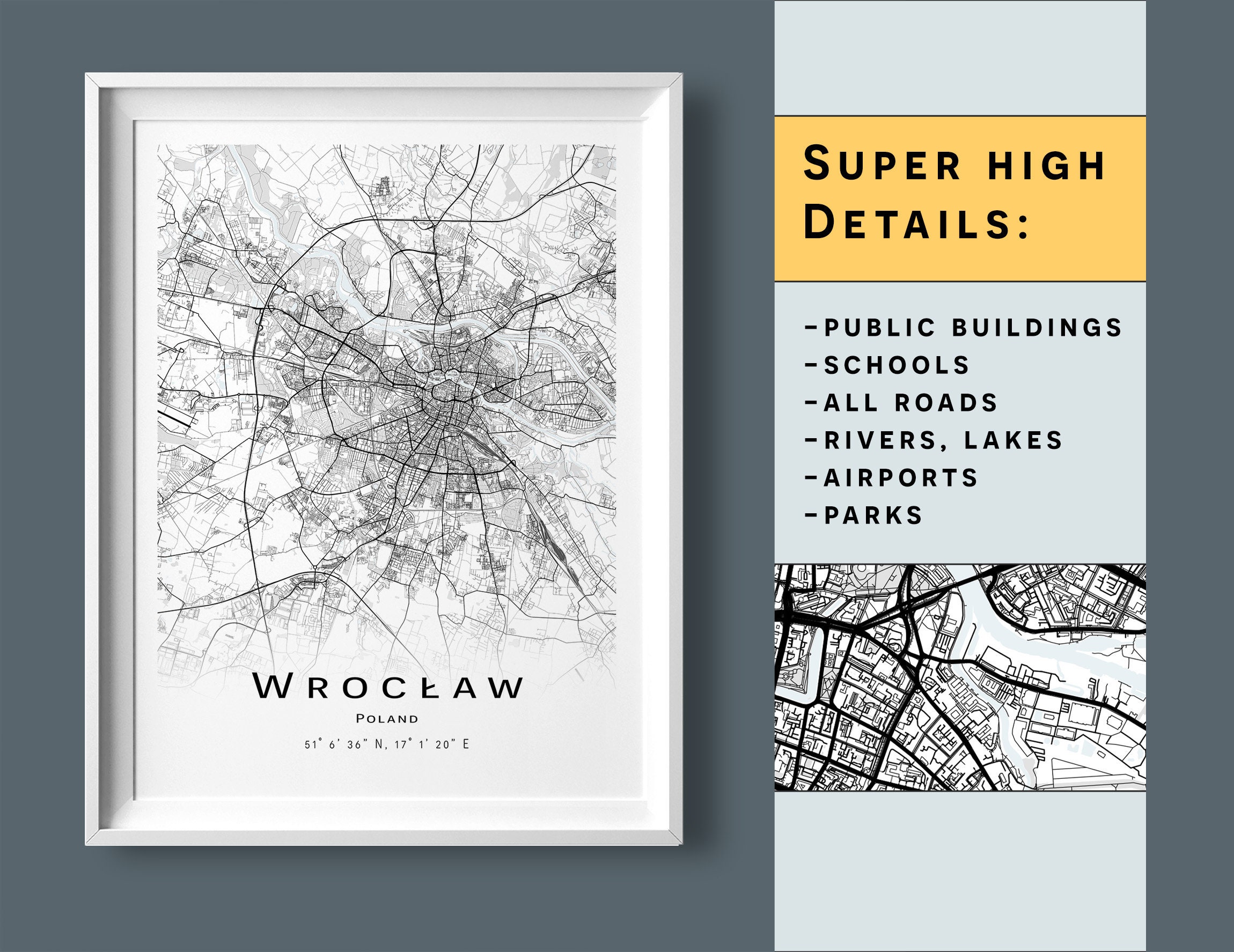 Wroclaw map Polonia Mapa de la ciudad con detalles altos - Etsy México