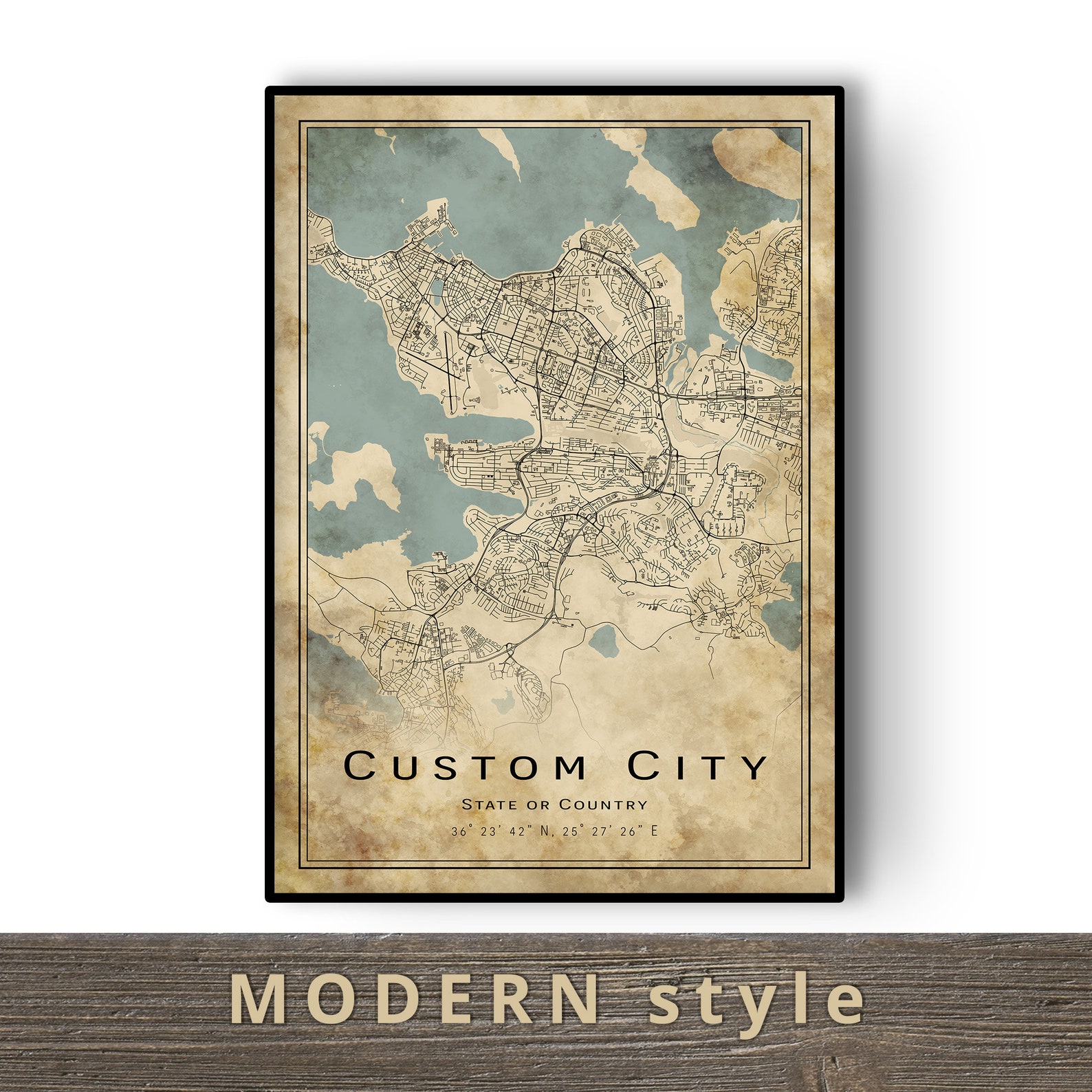 Custom Vintage Style City Map, Personalized Map, Custom Map Poster, Any ...