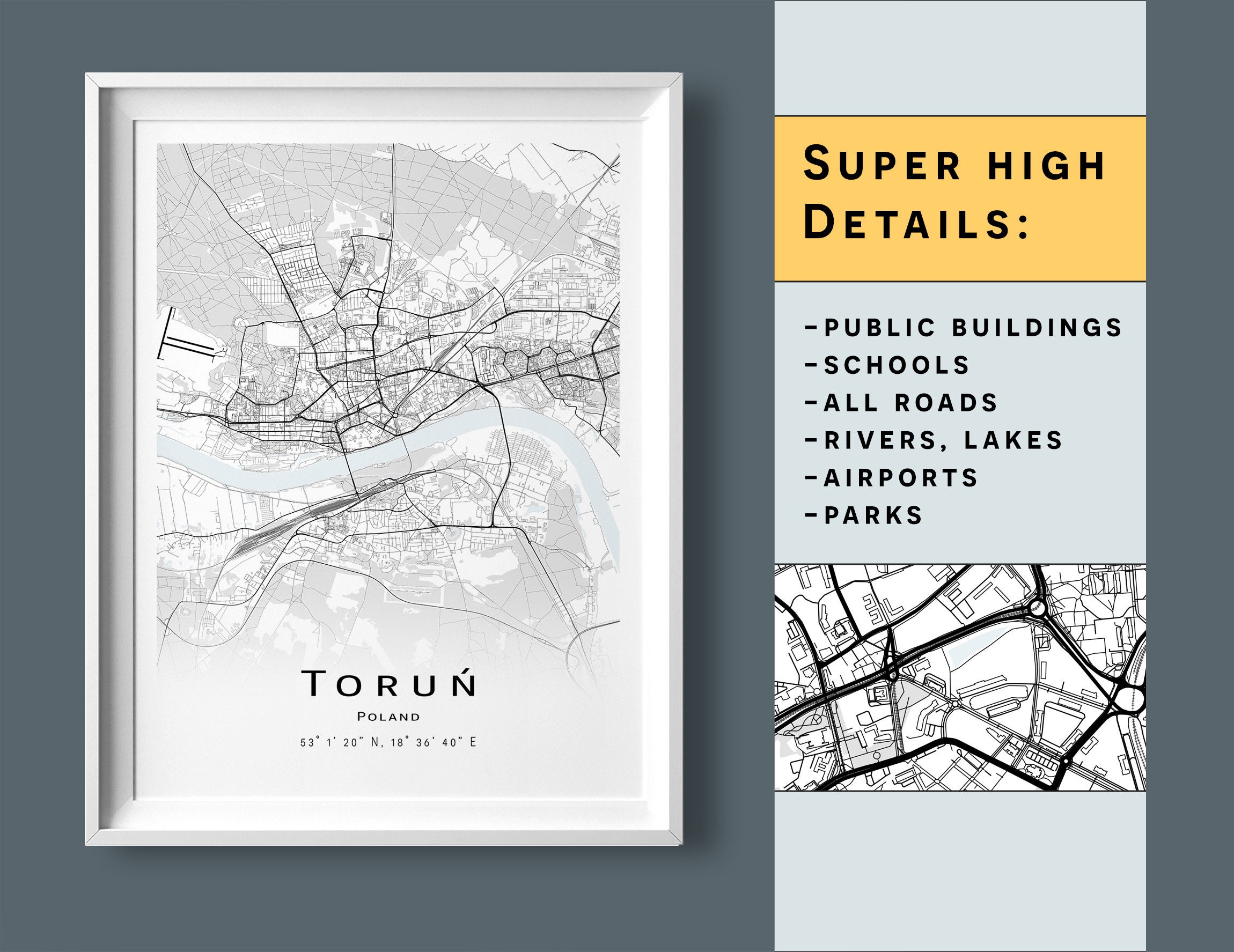 Torun map Polonia Mapa de la ciudad con detalles altos - Etsy México