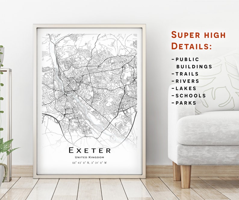 Exeter Map United Kingdom City Map With High Details - Etsy