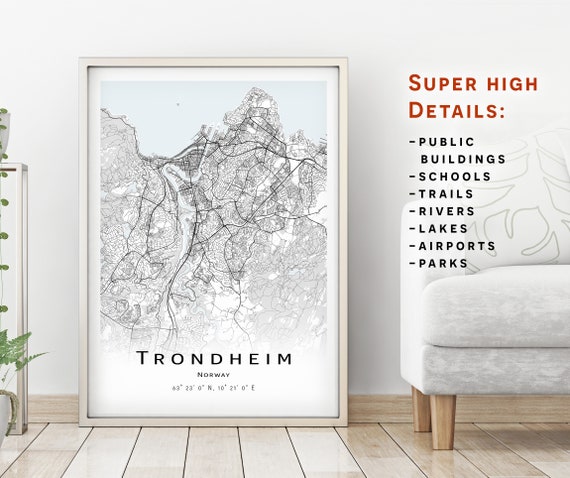 Trondheim Map Norway City Map With High Details Instant - Etsy