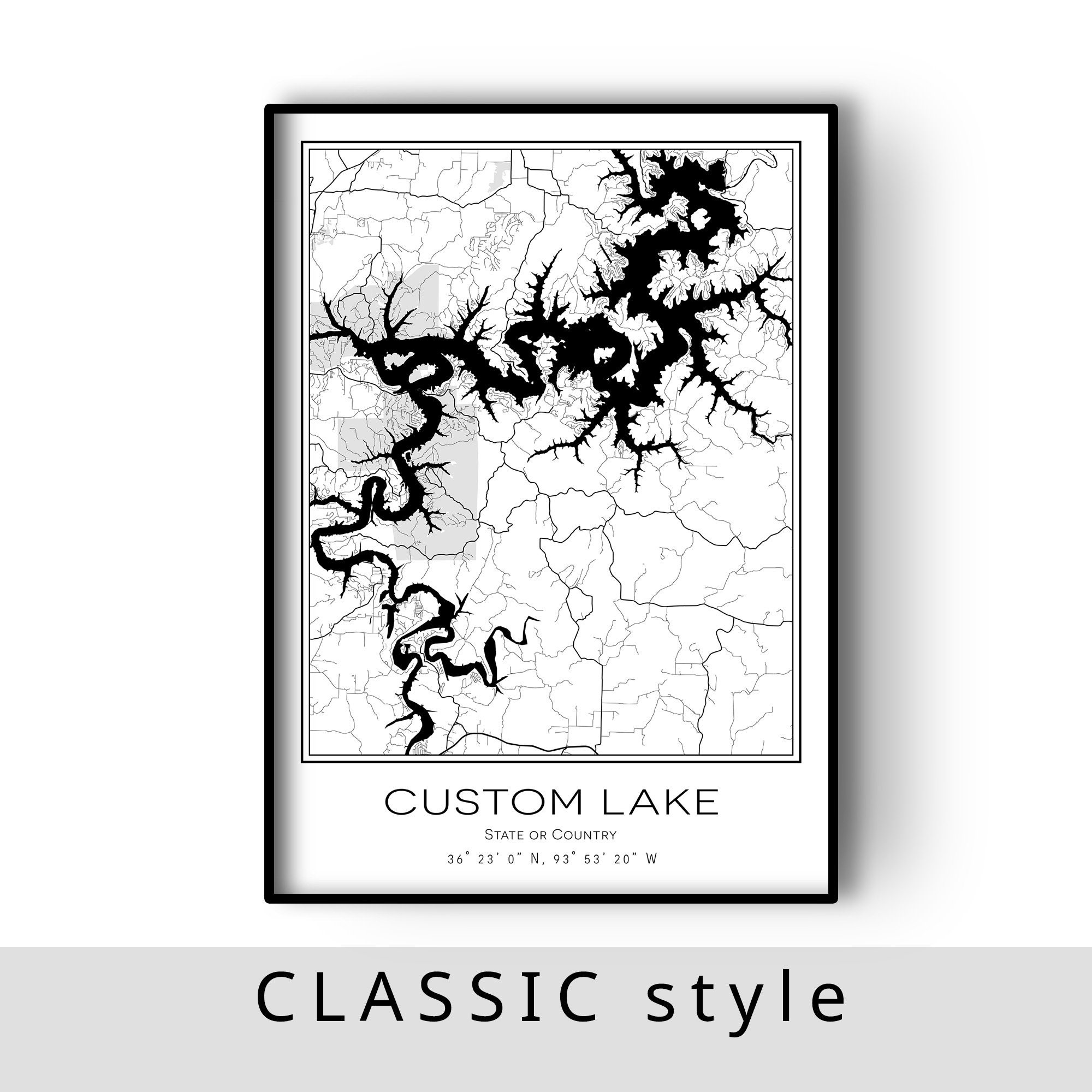 Custom Lake, Black and White Lake, Custom Map Poster, Any Lake, Wall ...