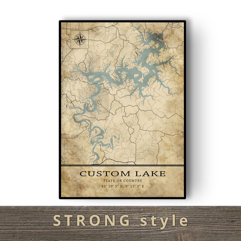 Custom Vintage Style Lake Map, Personalized Map, Custom Map Poster, Any ...
