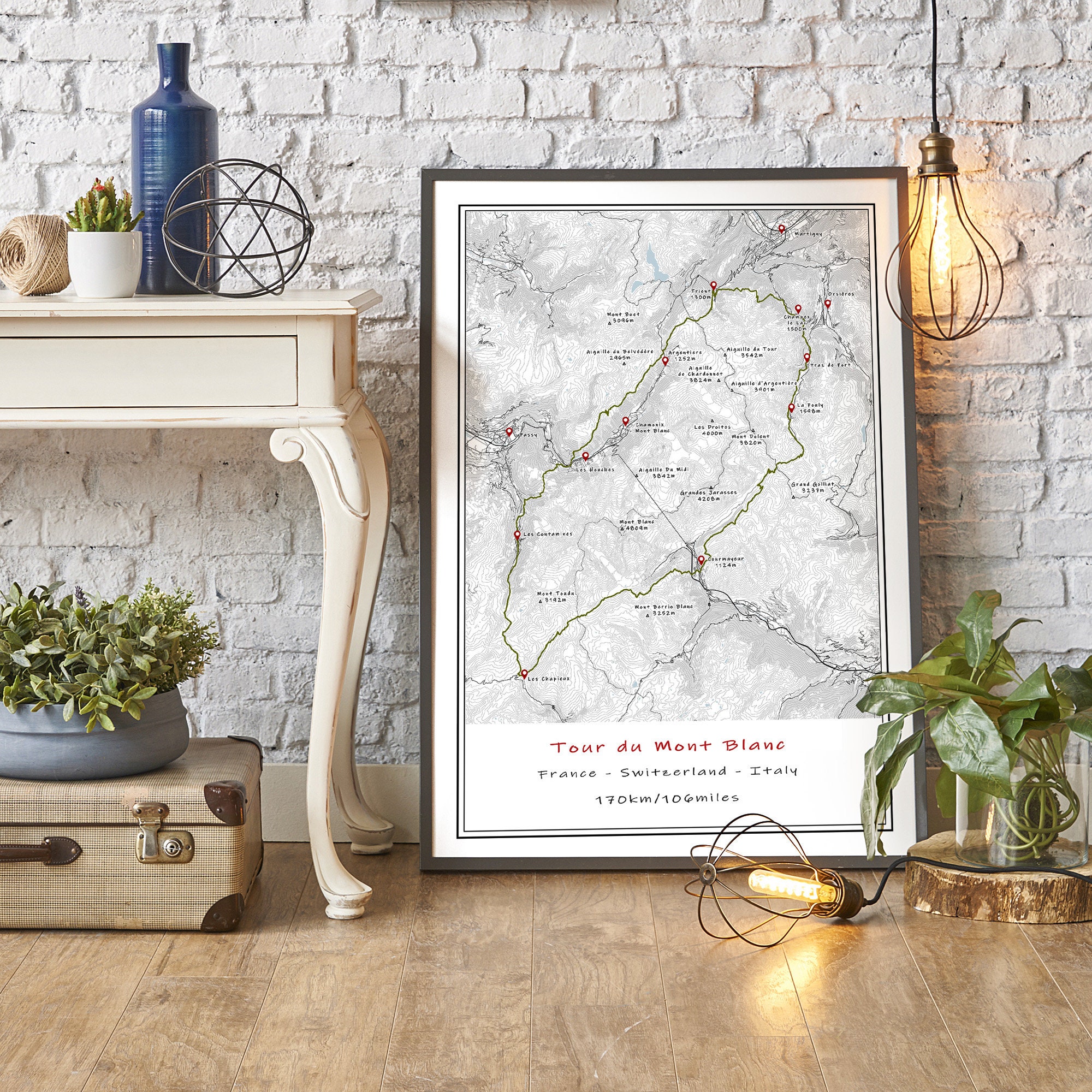 Tour Du Mont Blanc Topographic Map, TMB Hiking Map, Mount Blanc Wall ...