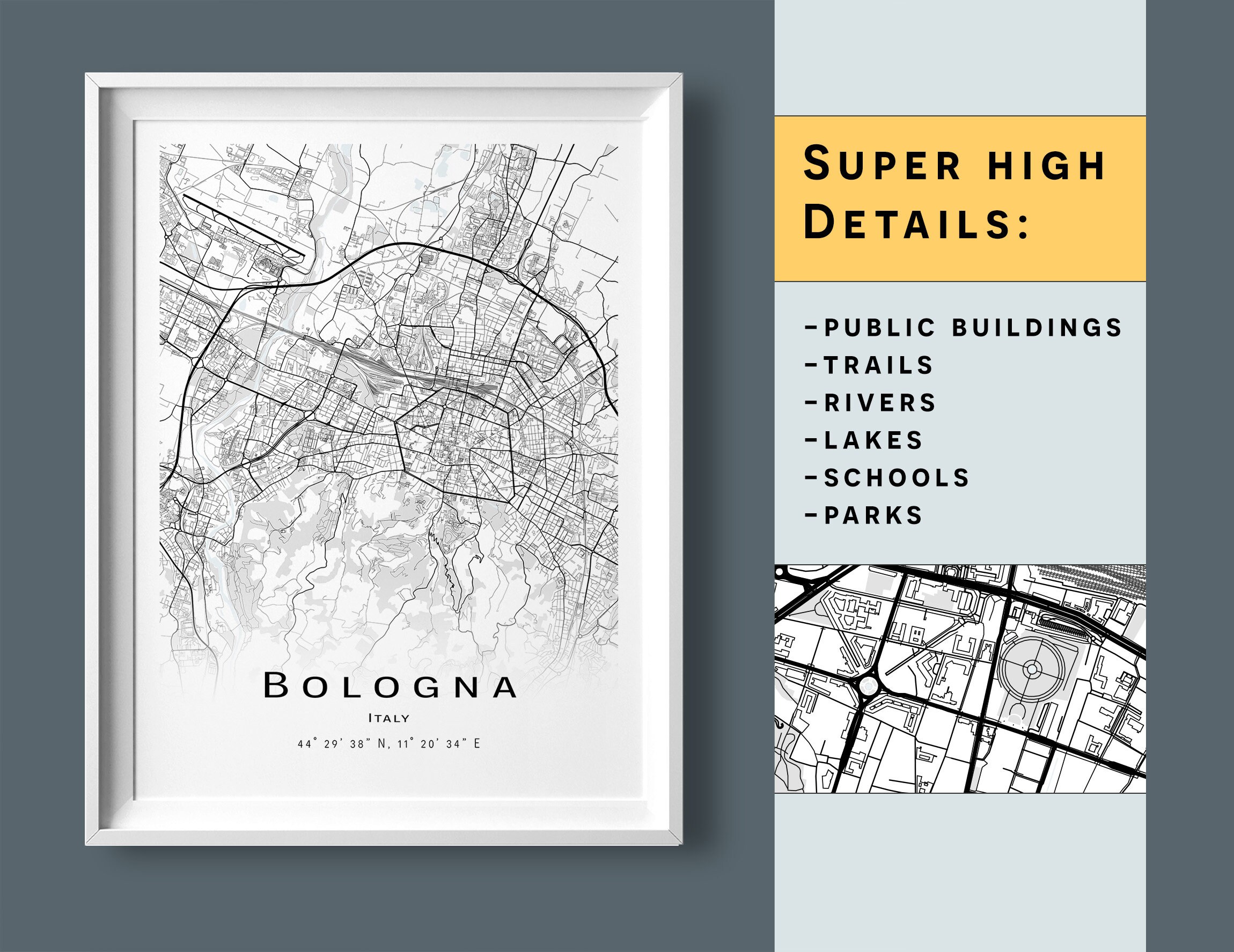 Bologna Map Italy City Map With High Details Instant - Etsy