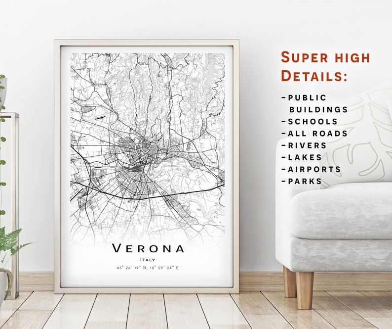 Verona mapa Italia Mapa de la ciudad con detalles altos Póster de mapa ...