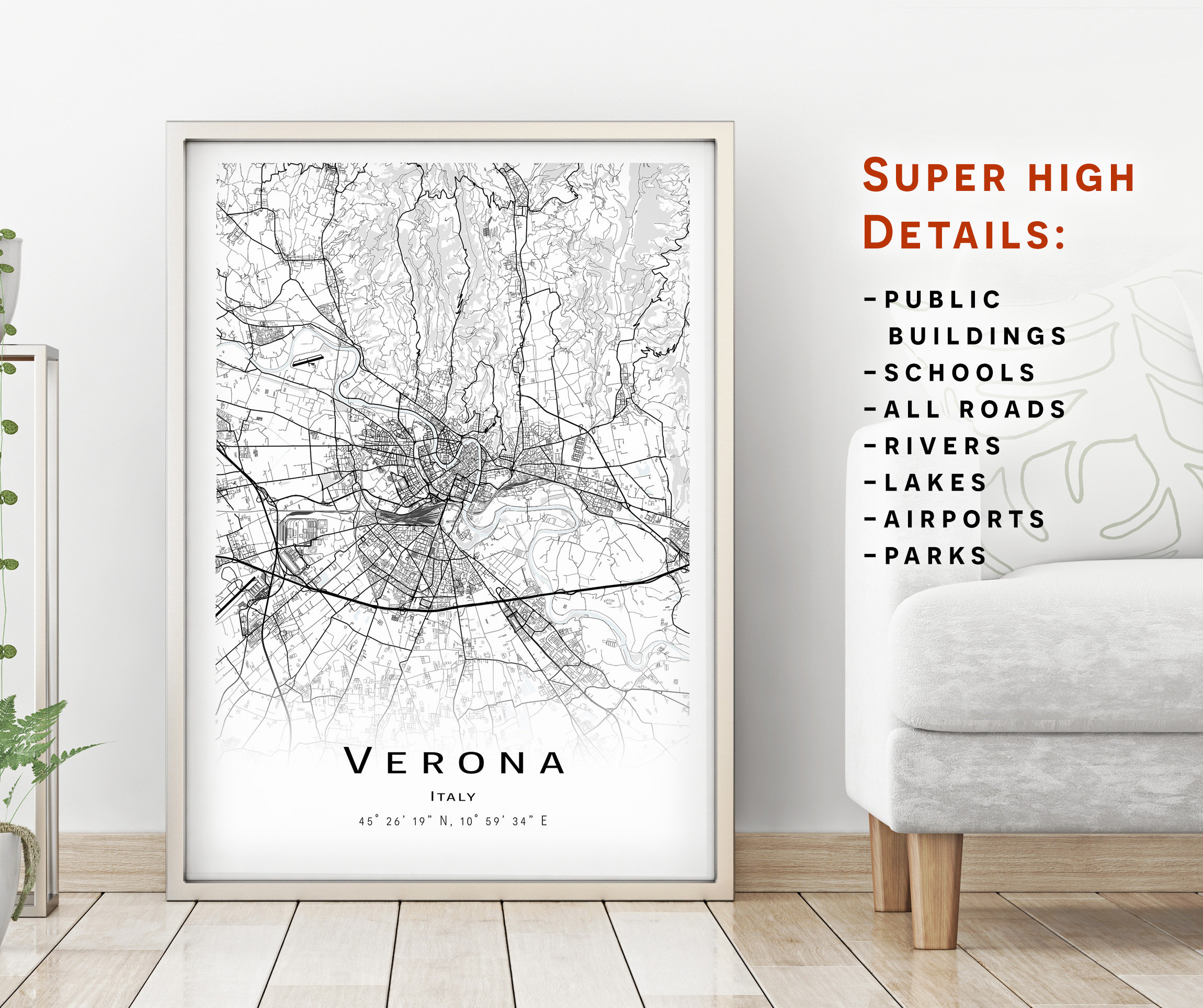 Verona Map Italy City Map With High Details Printable - Etsy