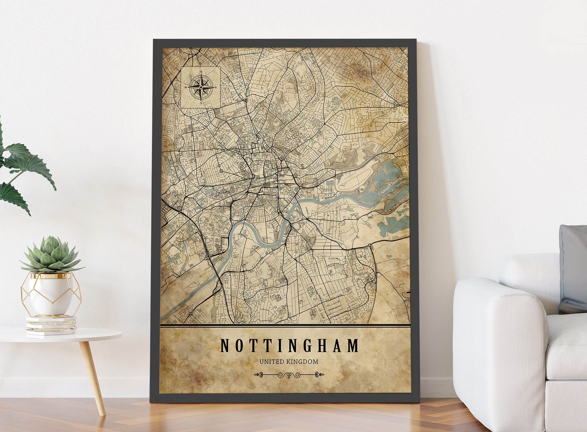 Nottingham Vintage Map, United Kongdom City Map Home Decor Instant ...