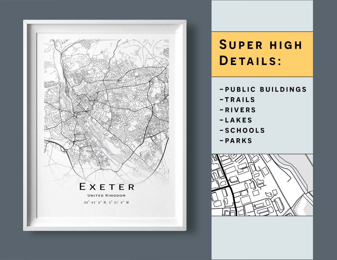 Exeter Map United Kingdom City Map With High Details - Etsy