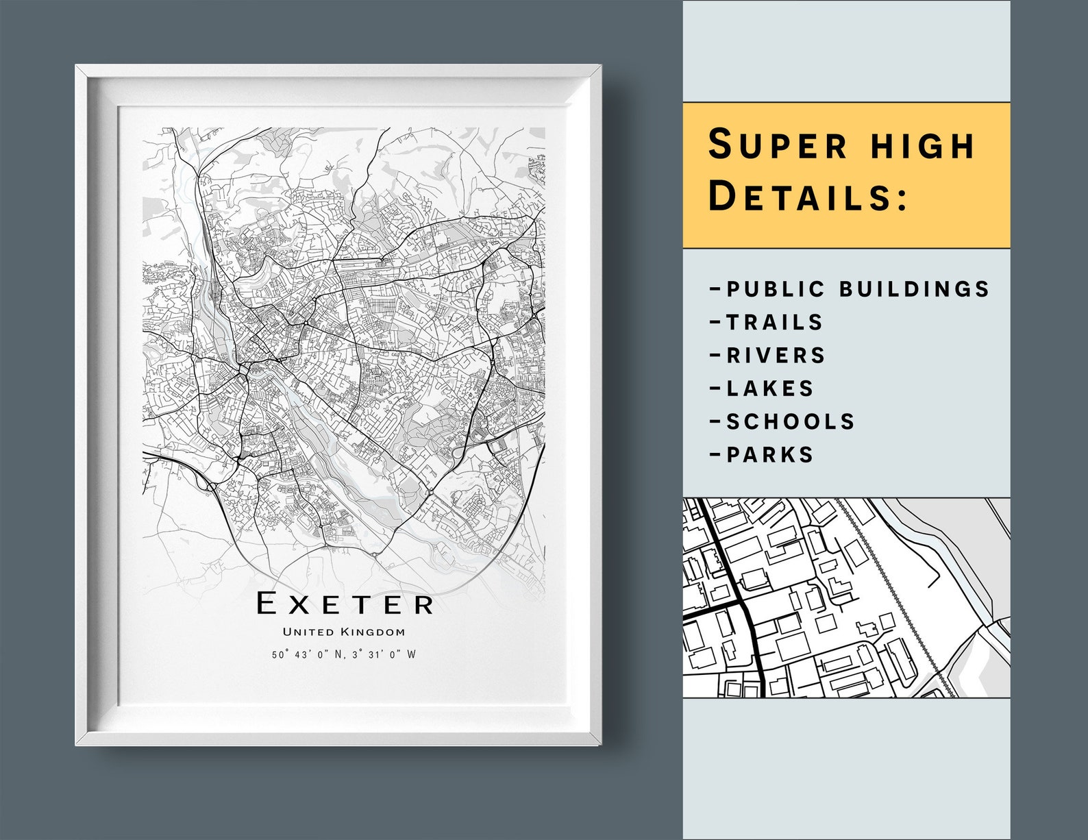 Exeter Map United Kingdom City Map With High Details | Etsy