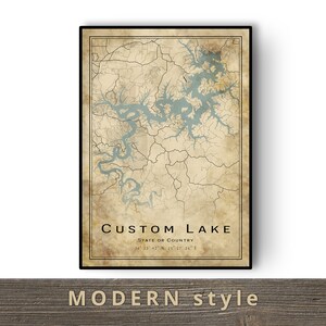 Custom Vintage Style Lake Map, Personalized Map, Custom Map Poster, Any ...