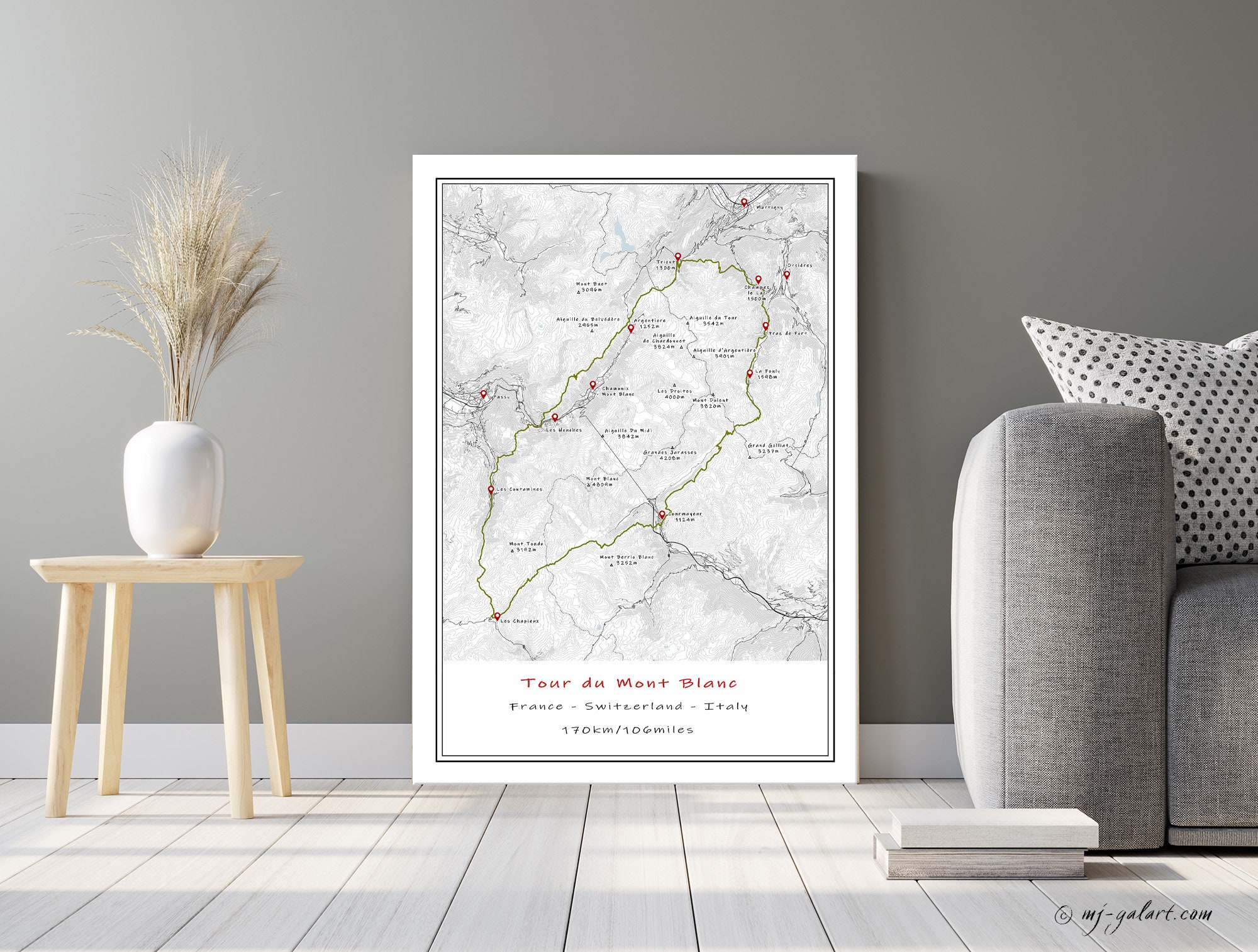 Tour Du Mont Blanc Topographic Map, TMB Hiking Map, Mount Blanc Wall ...