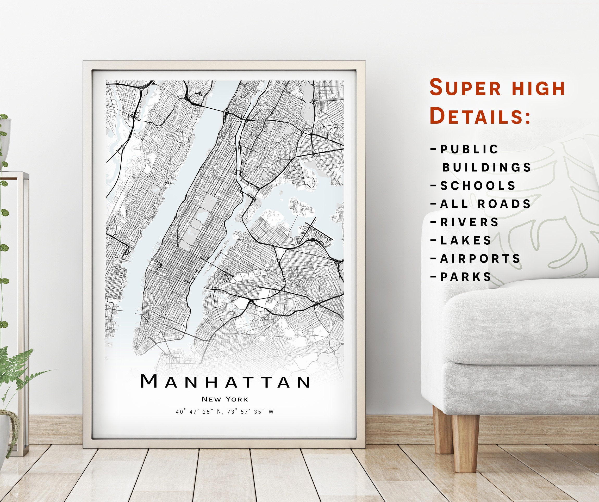 Manhattan Map, New York, United States USA City Map With High Details ...