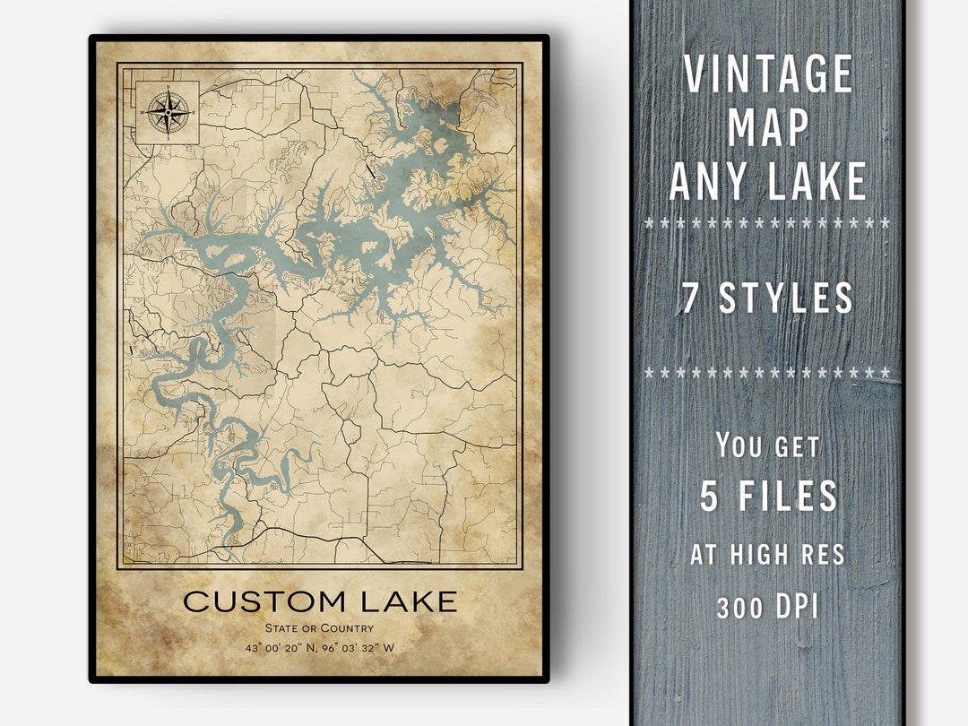 Custom Vintage Style Lake Map, Personalized Map, Custom Map Poster, Any ...